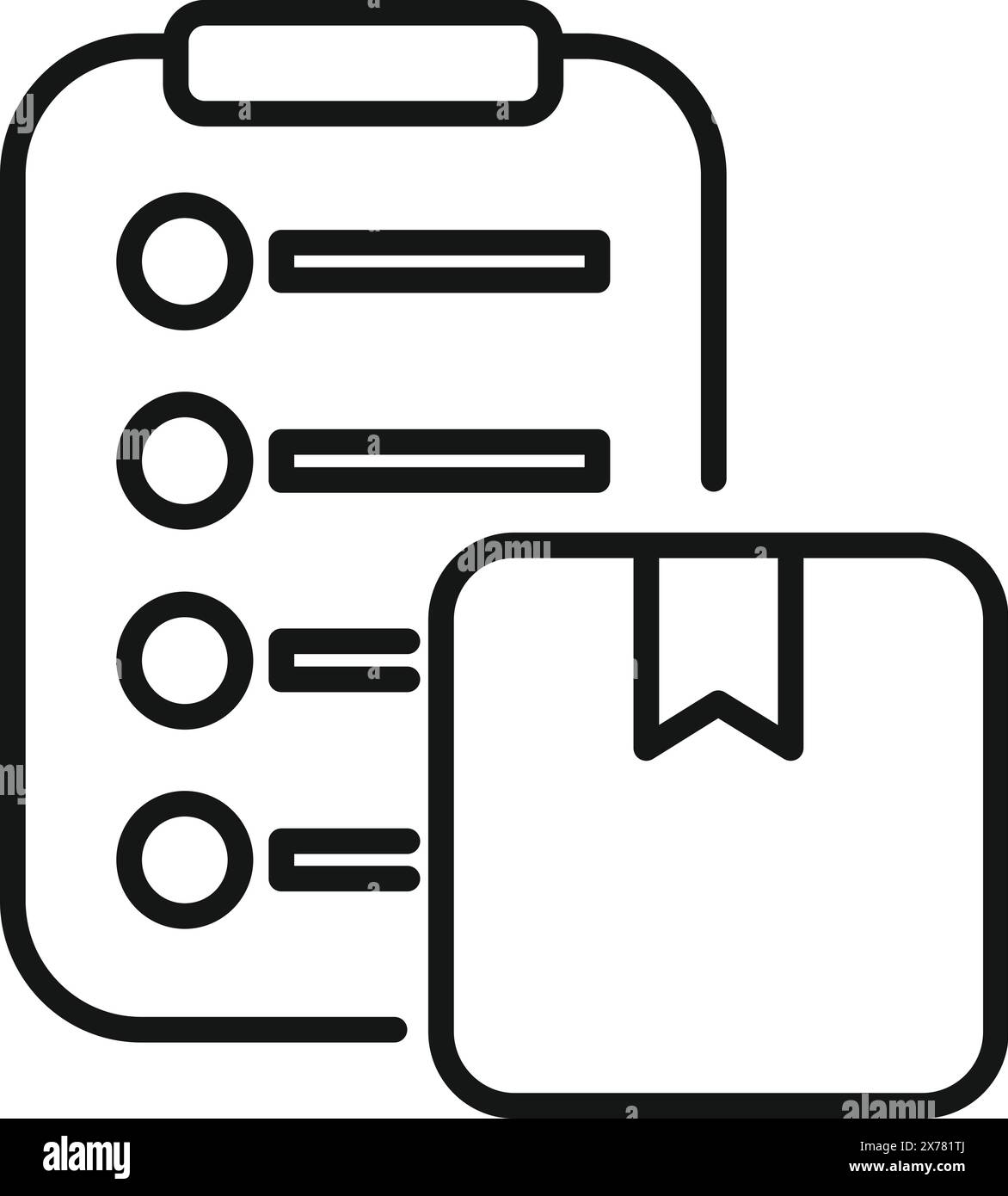 Isolated line art icon of a clipboard with bullet points and a package ...