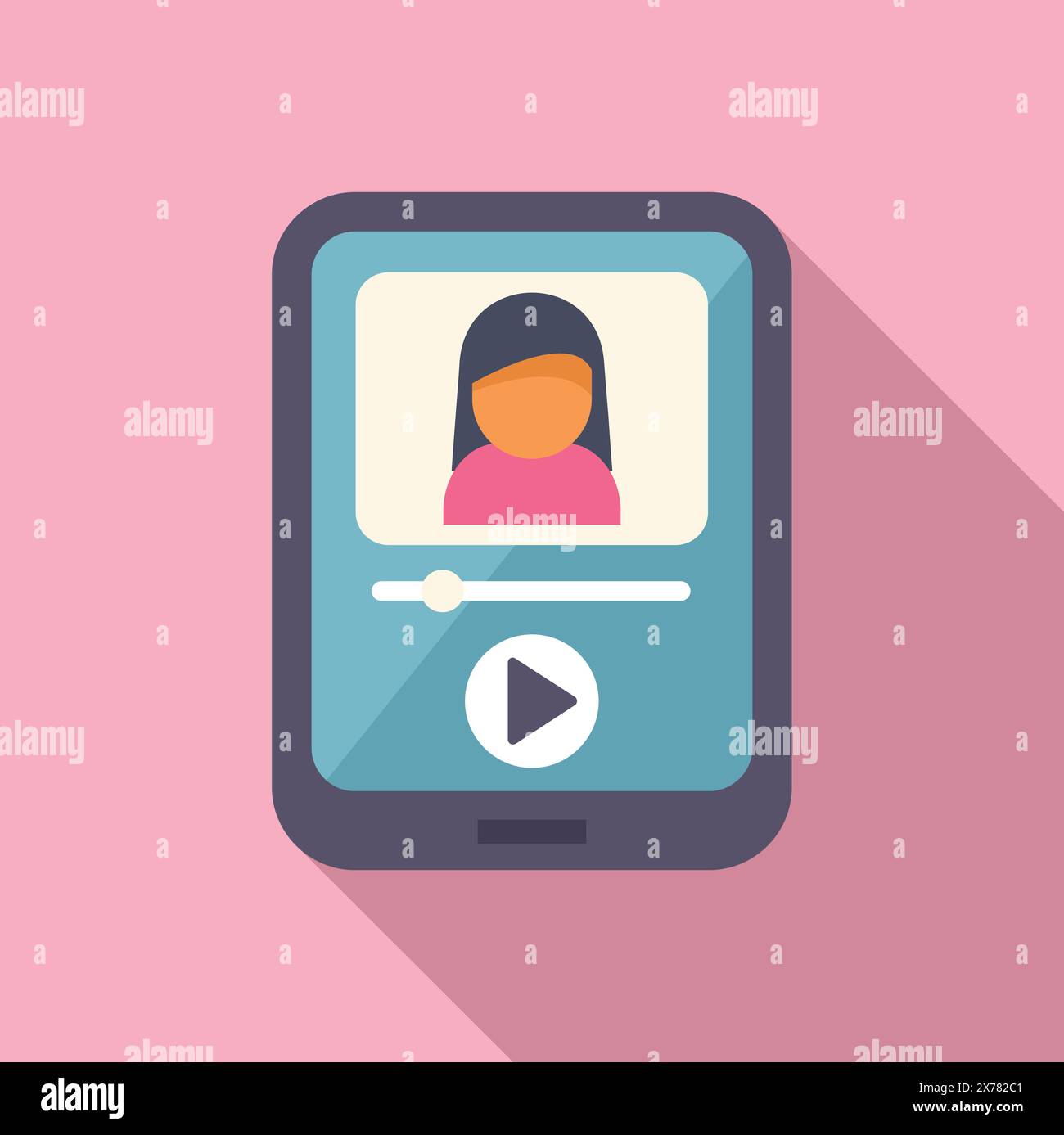 Vector illustration of a woman profile as an avatar on a mobile device screen with play button ...