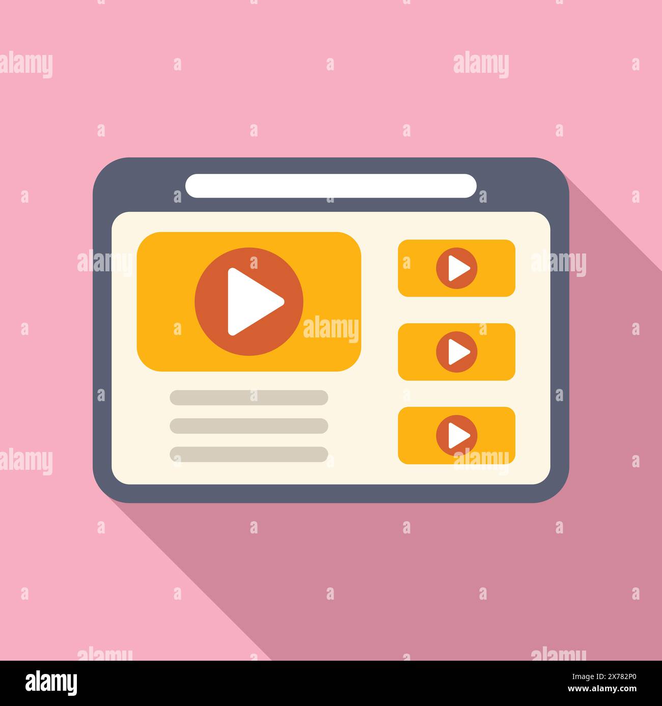 Flat design illustration of a video streaming platform interface with play buttons on a pink ...