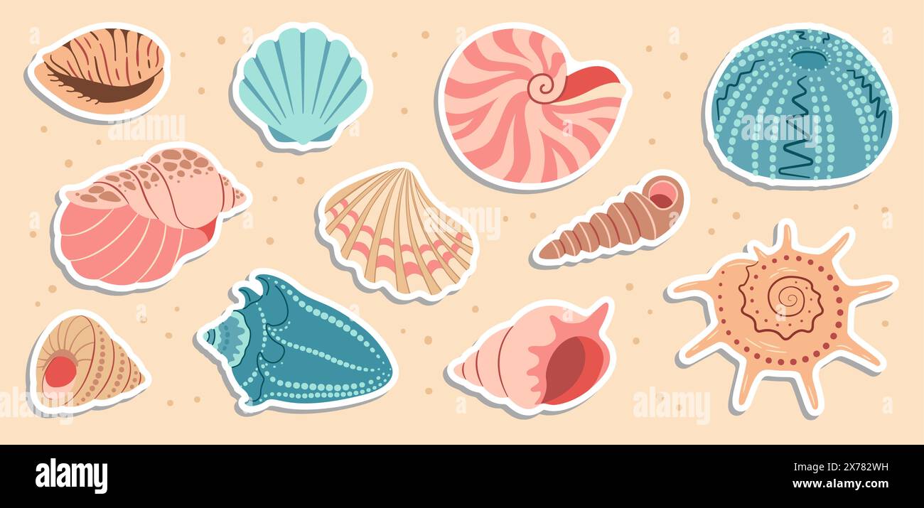 Cute sea shells sticker set. Trendy flat style seashell collection ...