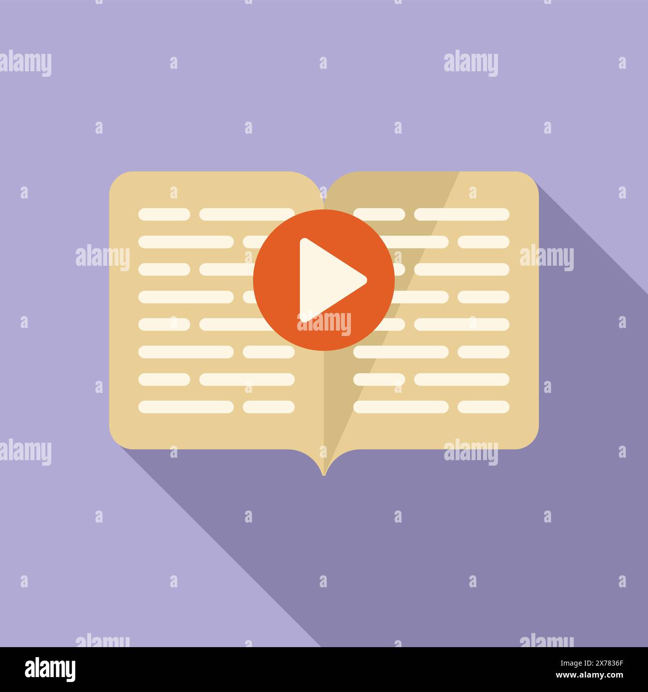 Flat design icon showing an open book with a play button, symbolizing ...