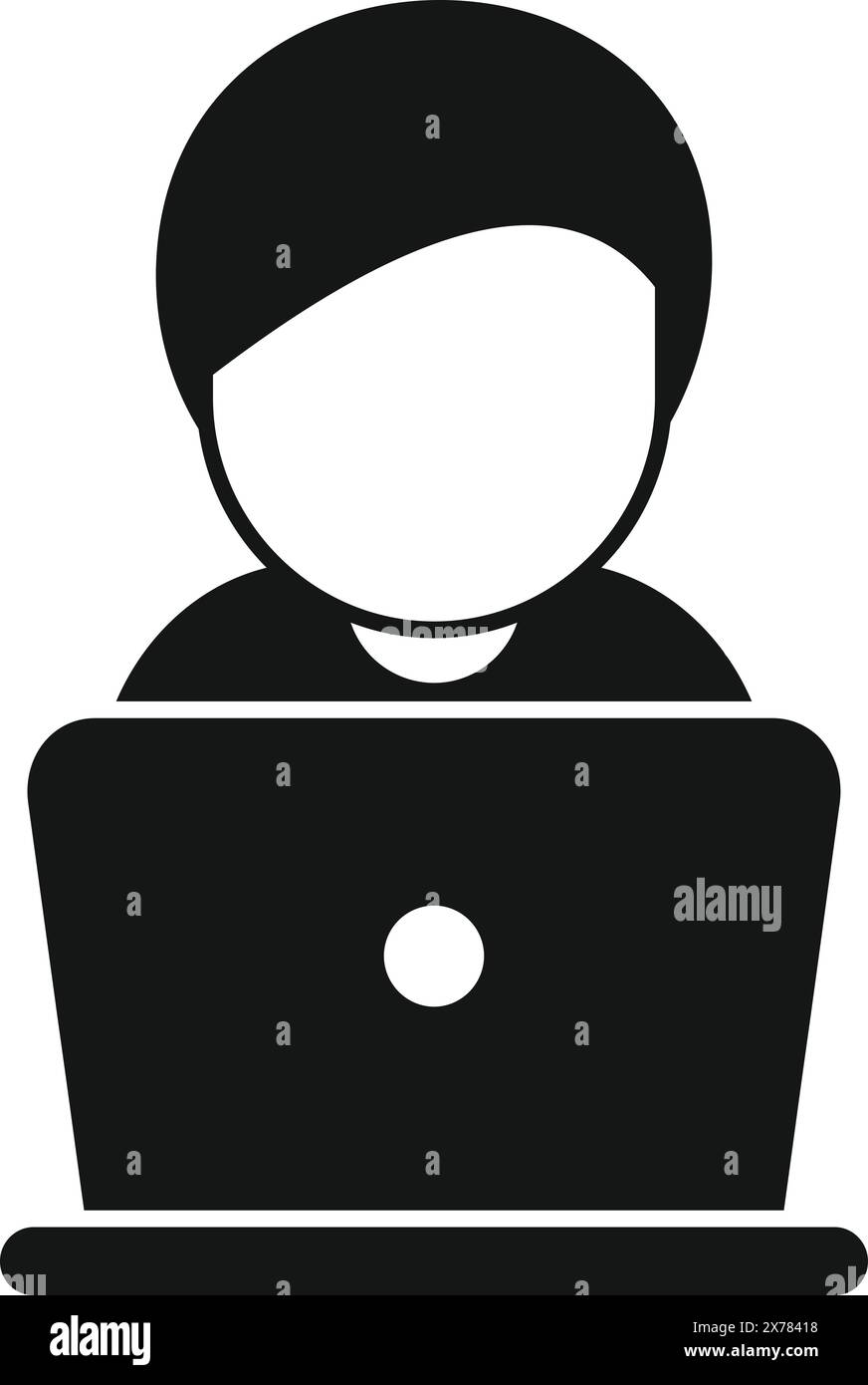 Simplified black and white icon of a person using a laptop computer ...