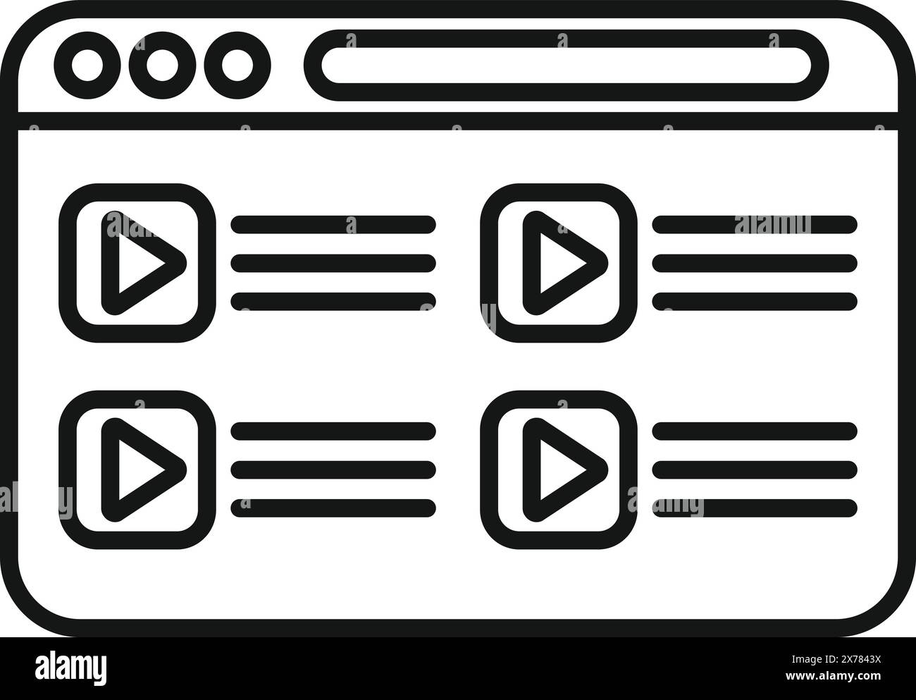Simplified line art of a video streaming web page layout with play ...