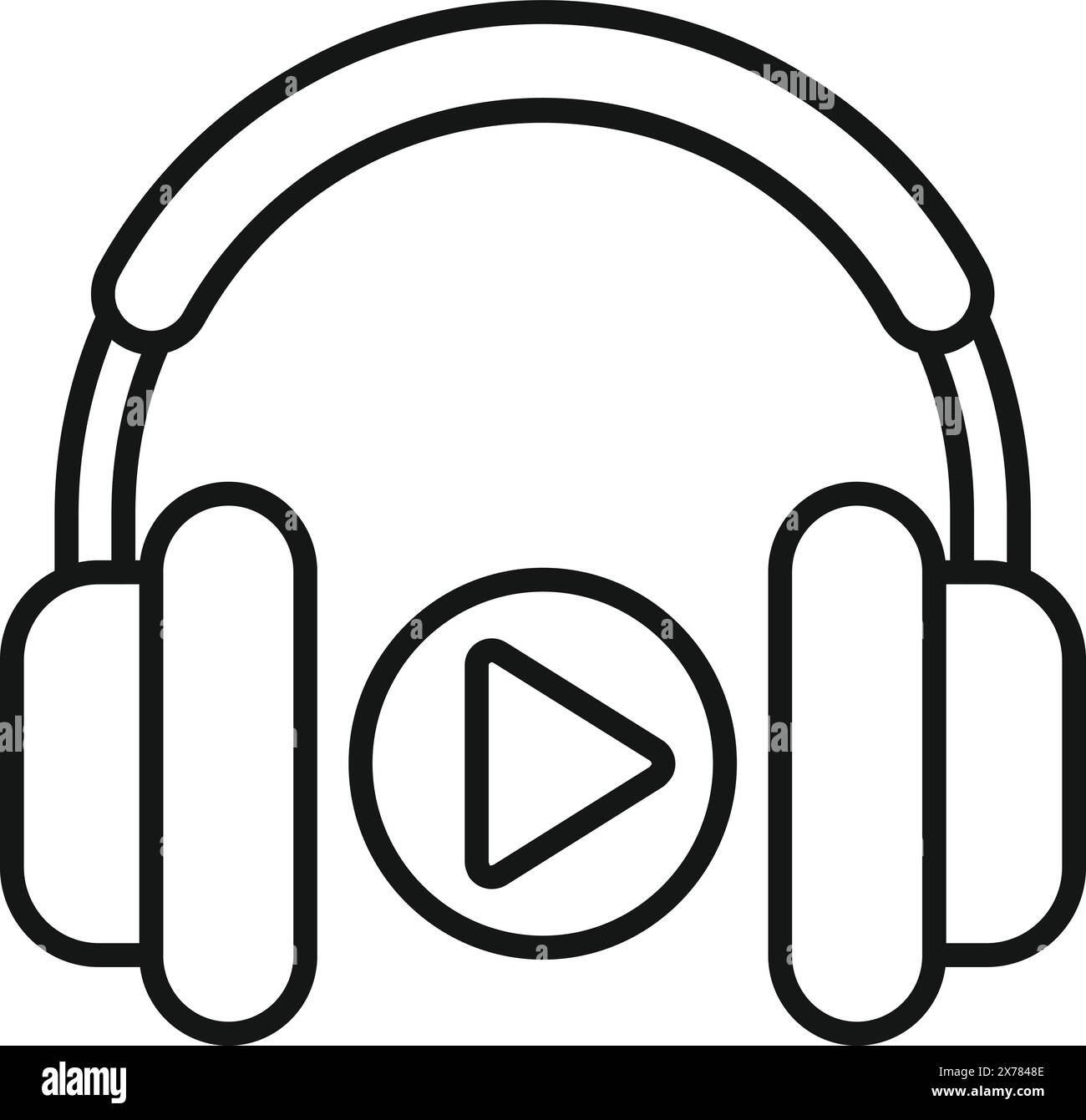 Black line art icon featuring overear headphones with a central play ...