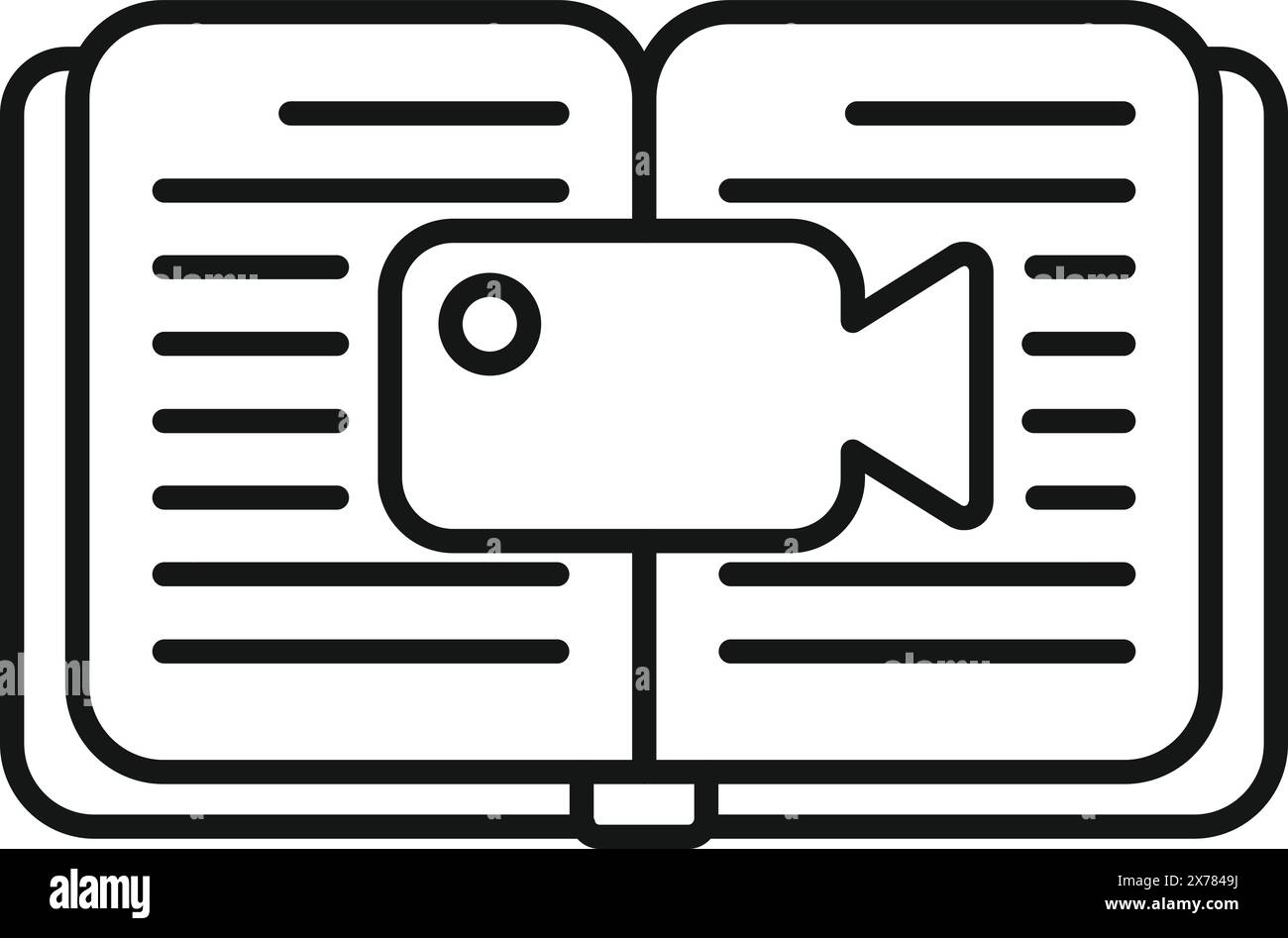 Black line art vector illustration of an open book with a video icon ...