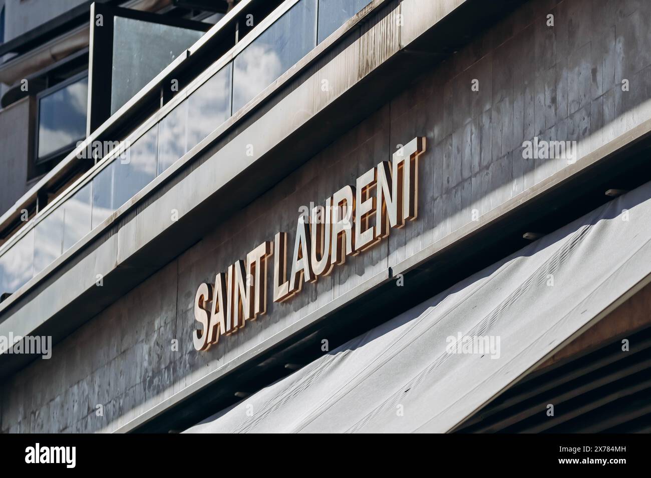 Cannes, France - August 3, 2023 : Sign board of the Saint Laurent ...