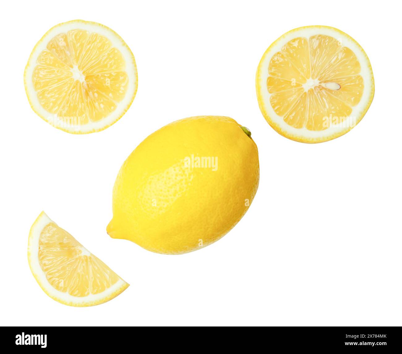 Top view set of beautiful yellow lemon fruit with halves and slices or ...