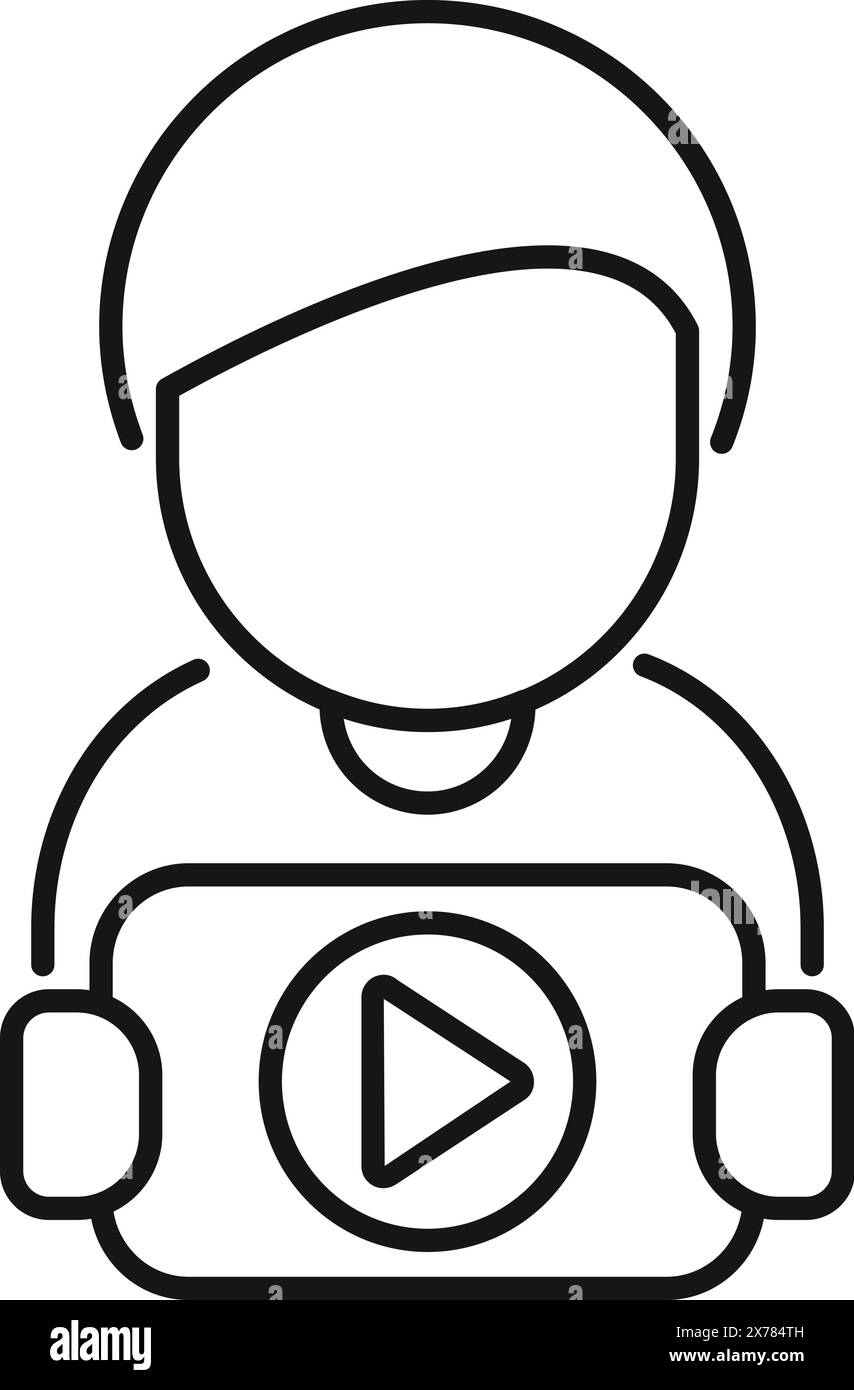 Simple line art icon representing a person with gaming headset and a ...