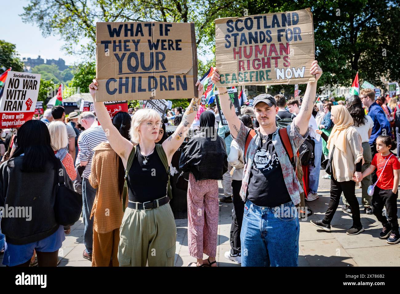 Edinburgh, Scotland. 18 May 2024. Protesters gather at Waverley Bridge ...