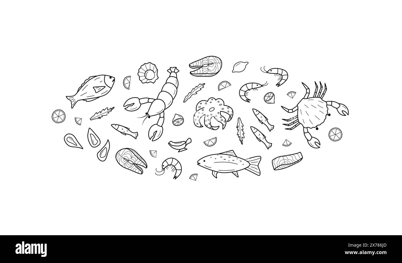 Seafood set of doodle icons. Vector illustration of seafood and cuisine ...