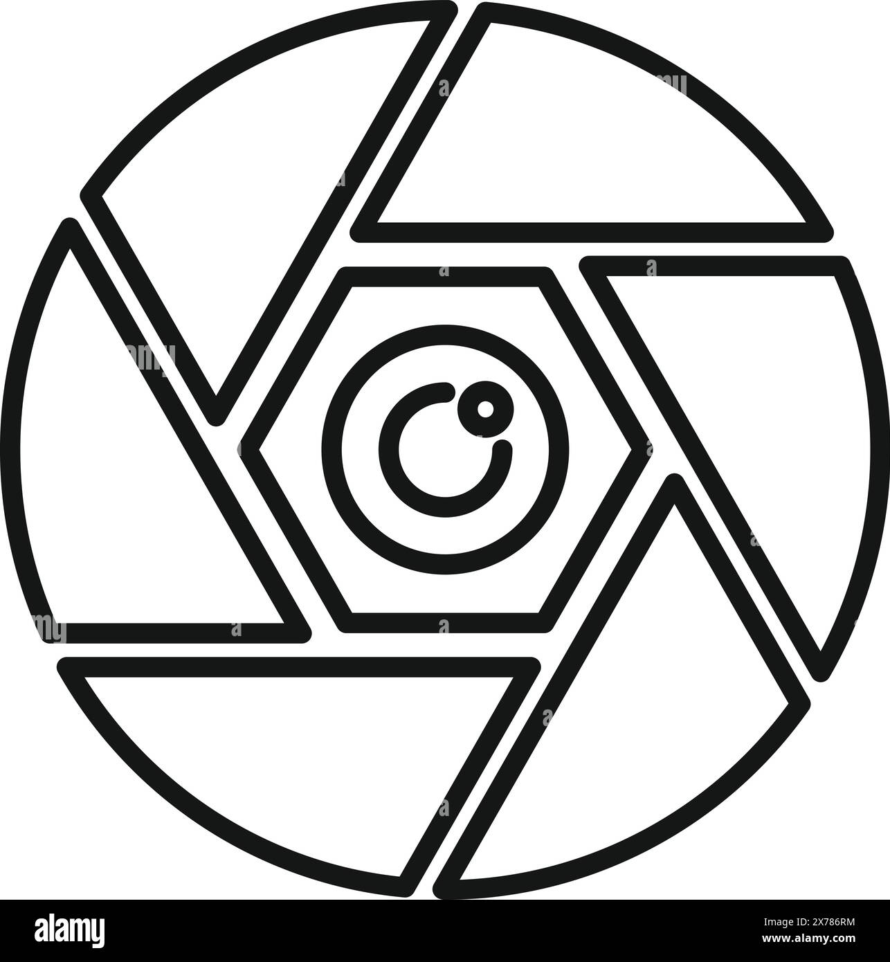 Black and white illustration of a stylized camera lens with geometric ...