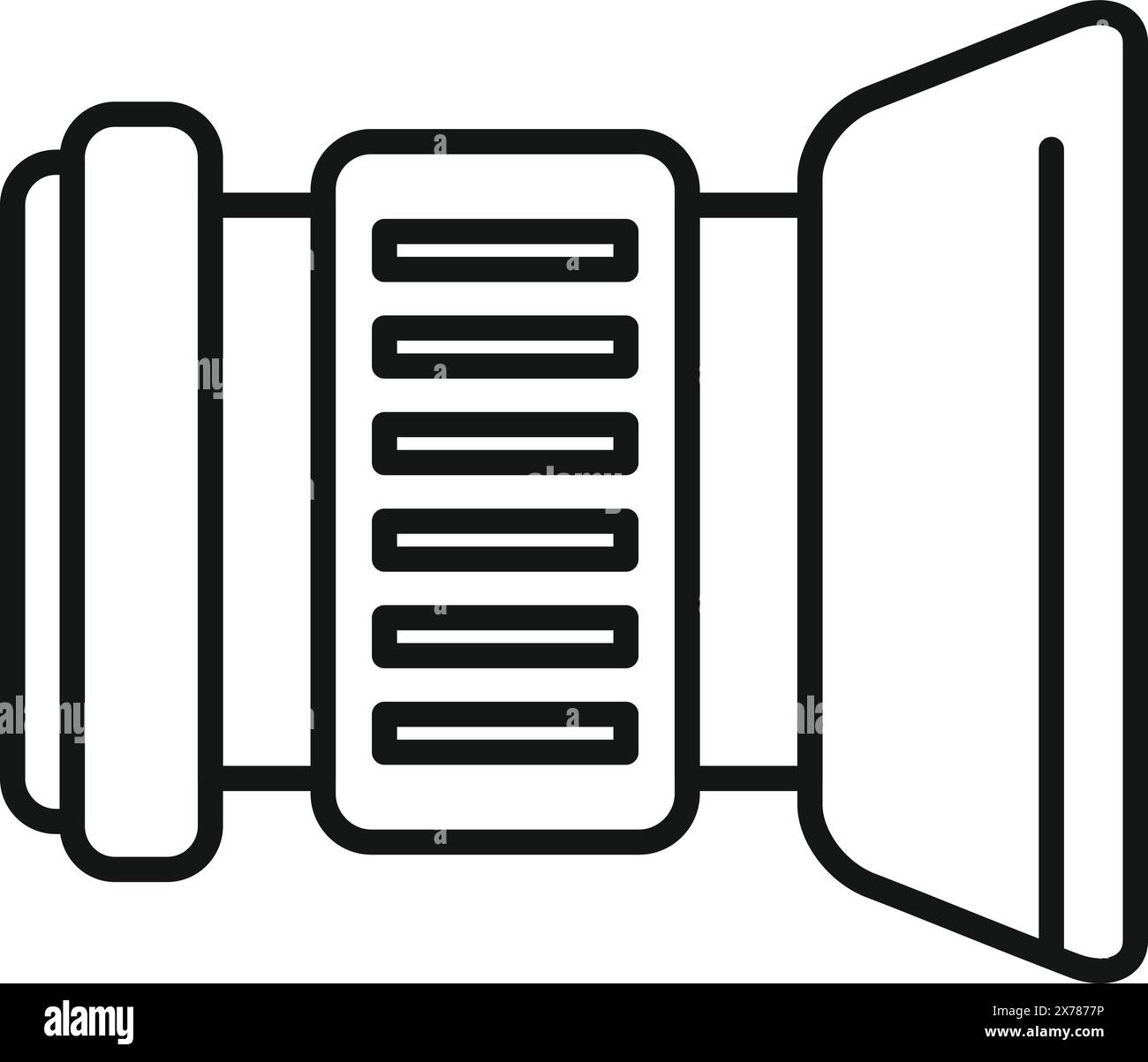 Professional camera lens icon in black and white line art, shutter ...
