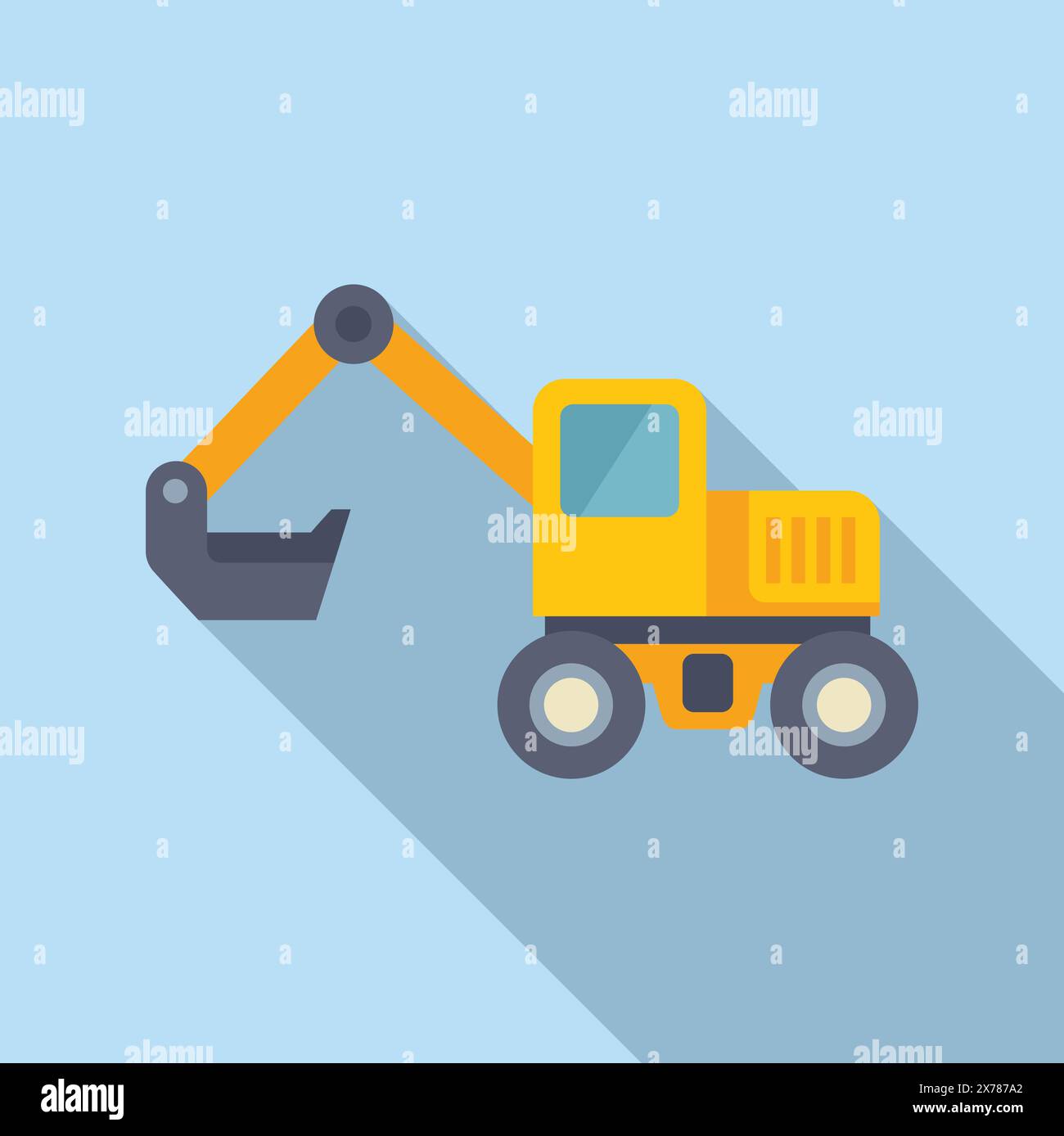 Flat design vector illustration of a cute yellow cartoon excavator with ...