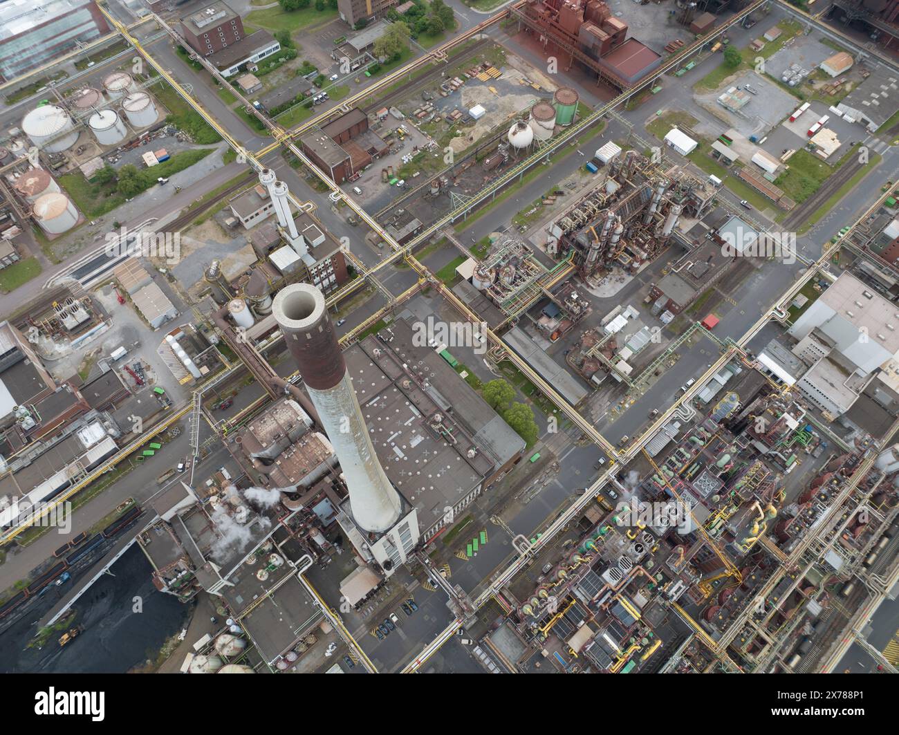 Aerial top down on smoek stack at a chemical production facility in ...