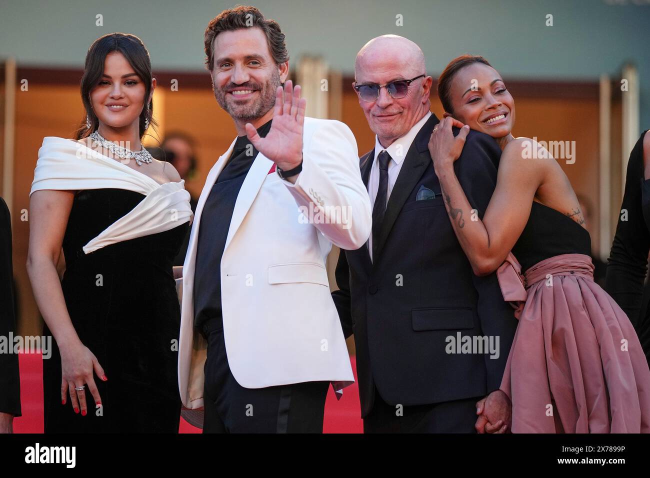 Selena Gomez, from left, Edgar Ramirez, director Jacques Audiard, and Zoe Saldana pose for ...