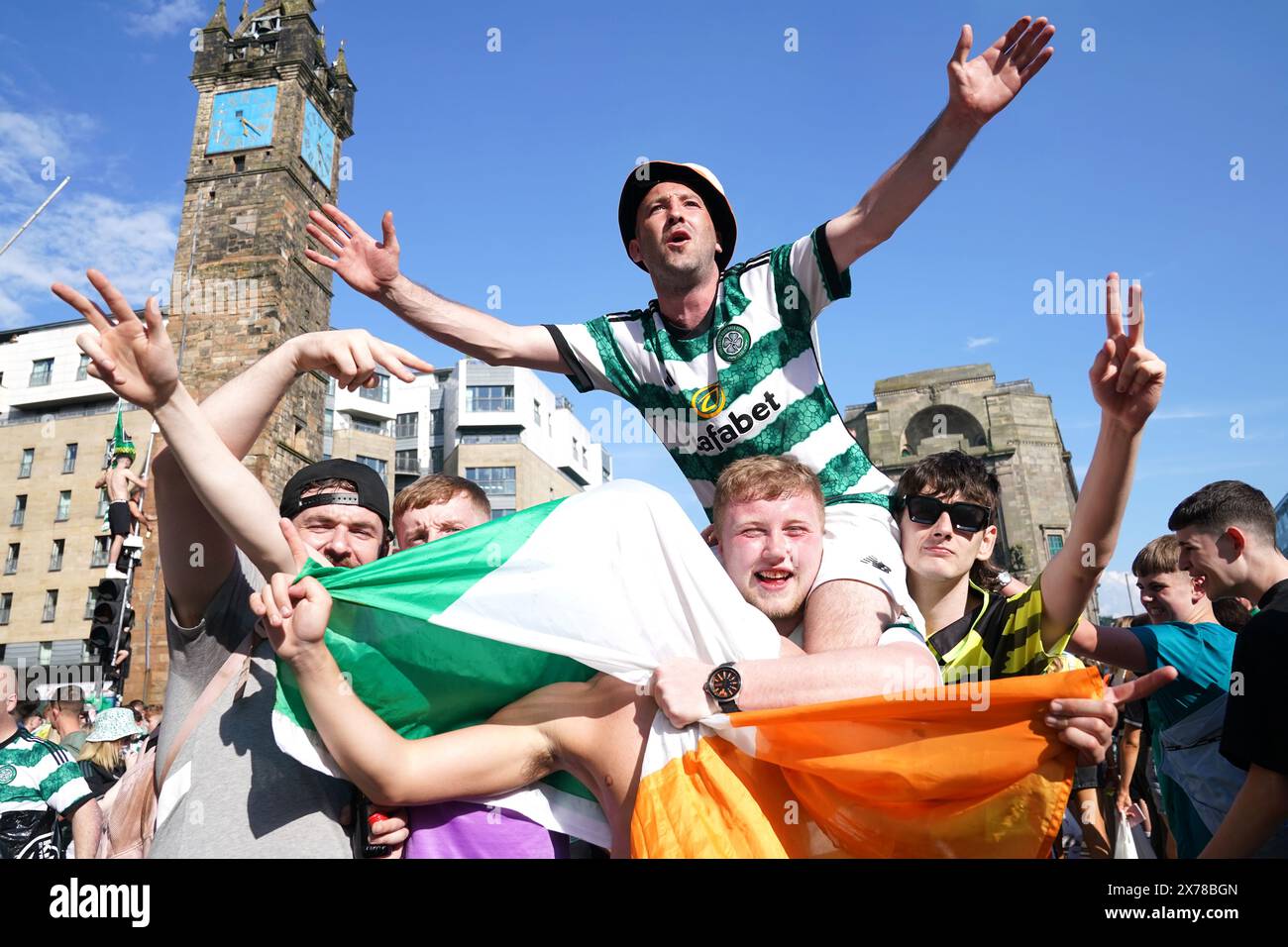 Celtic fans celebrate after winning the cinch Premiership in the city ...