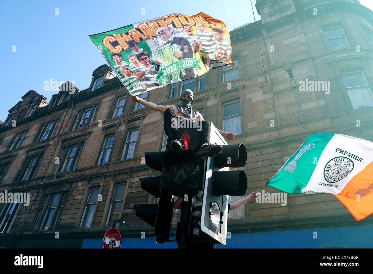 Celtic fans celebrate after winning the cinch Premiership in the city ...