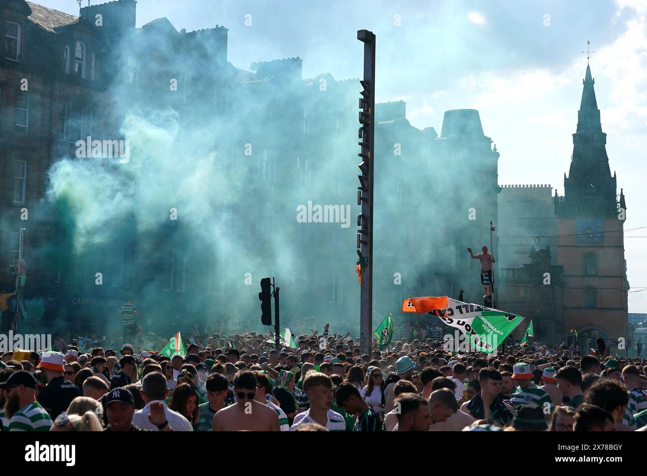Celtic fans celebrate after winning the cinch Premiership in the city ...