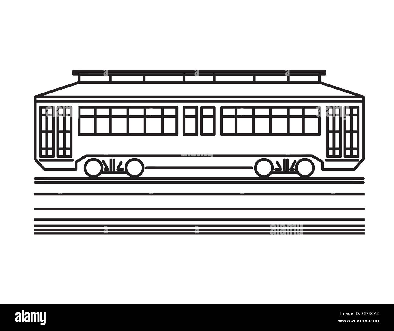 Mono line illustration of a streetcar or trolley car viewed from side ...