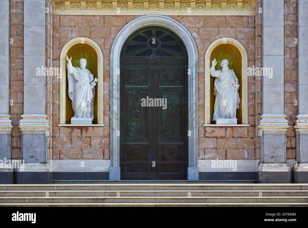 Italy, Sicily, Tindari, marble statues in the front of the St. Mary ...