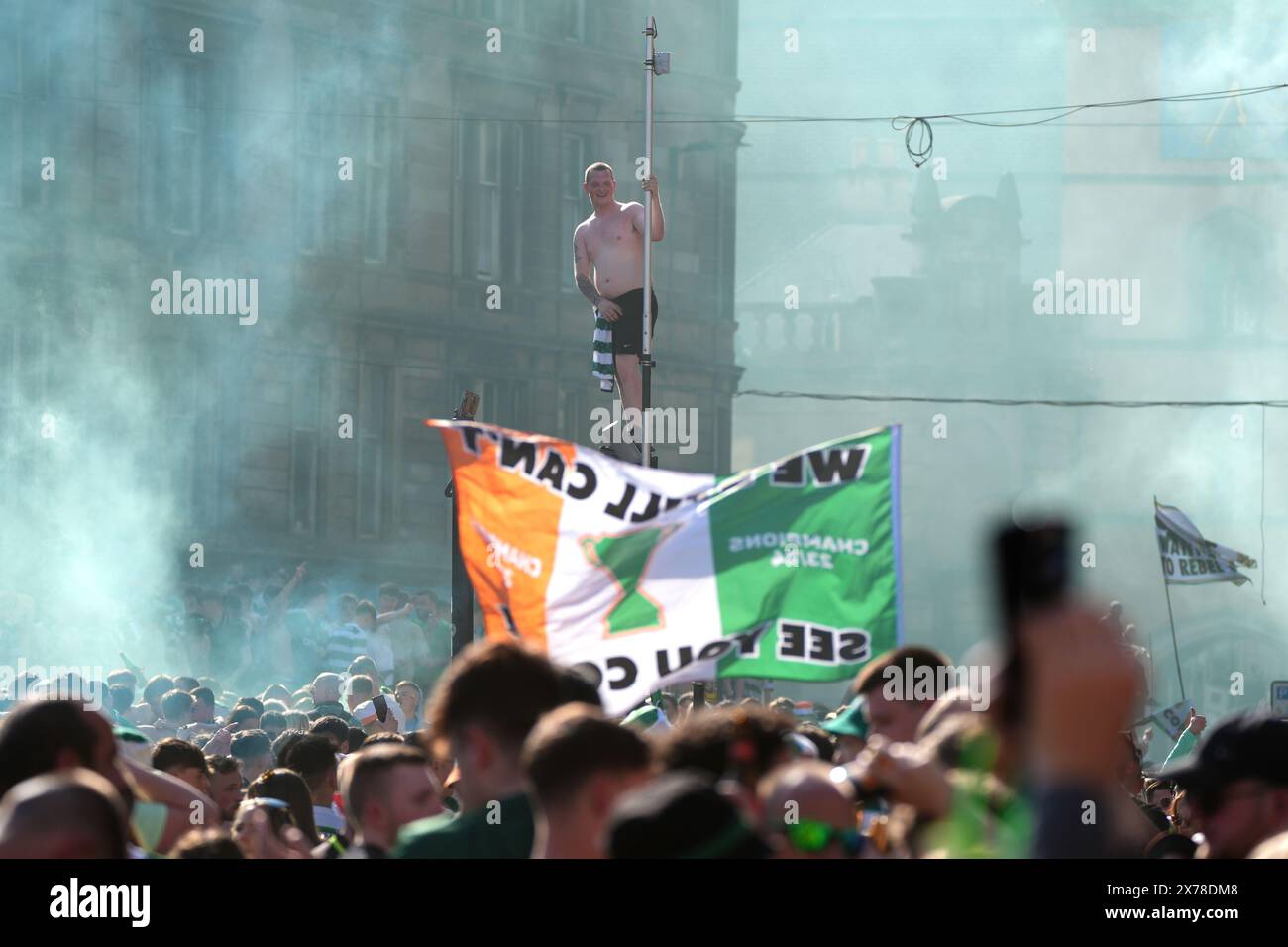 Celtic fans celebrate after winning the cinch Premiership in the city ...