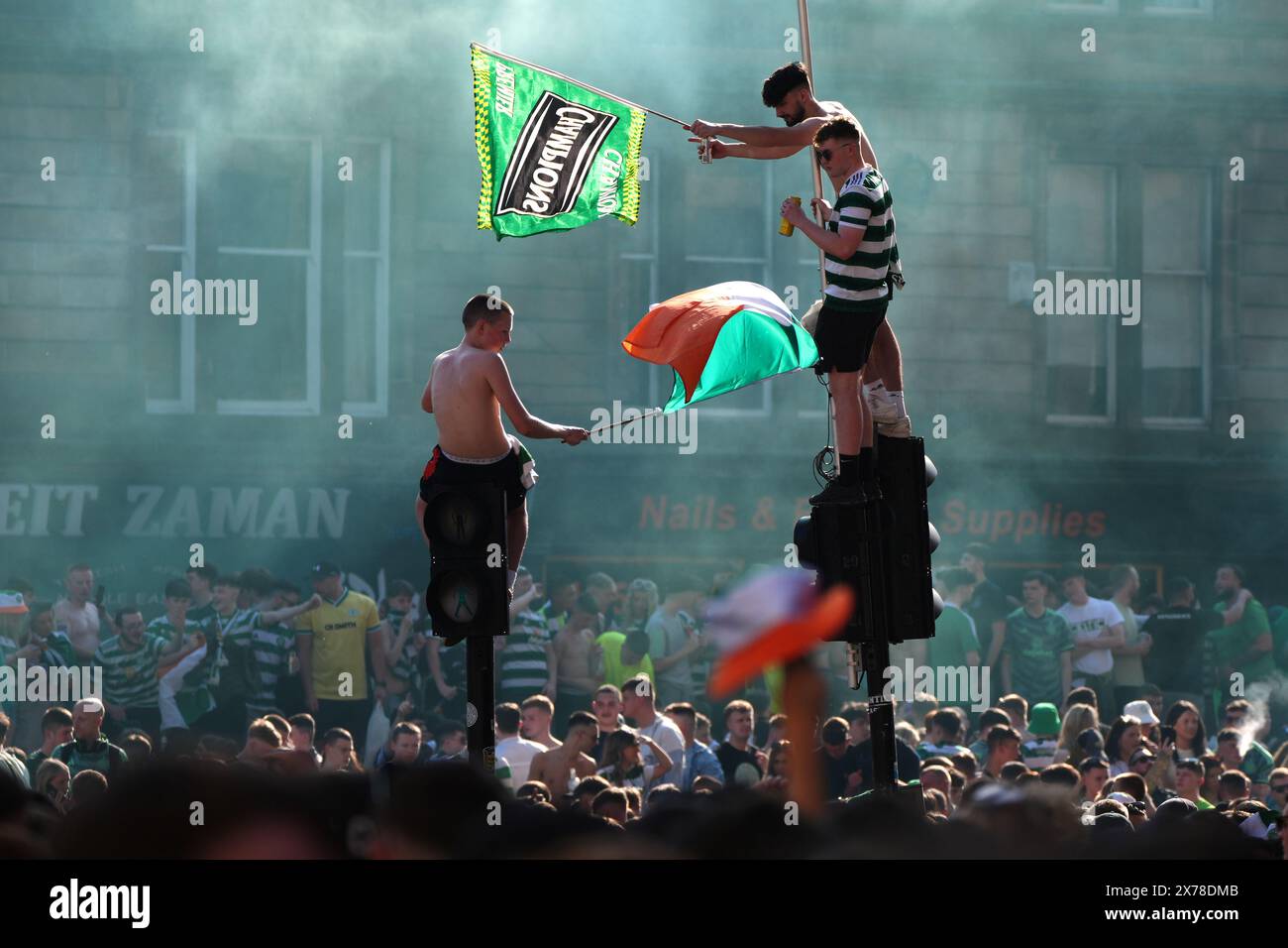 Celtic fans celebrate after winning the cinch Premiership in the city ...