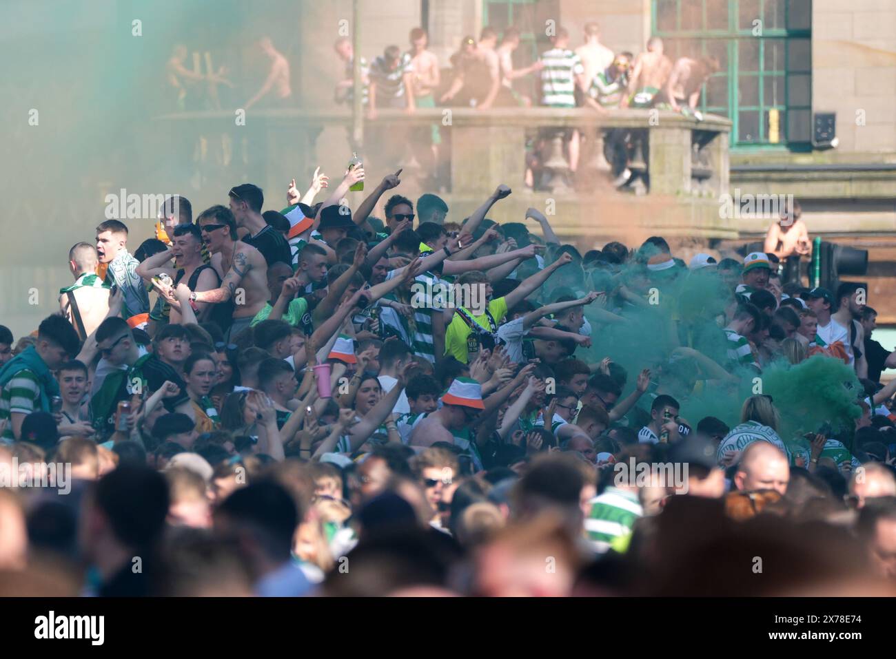 Celtic fans celebrate out the Mercat Building after winning the cinch ...