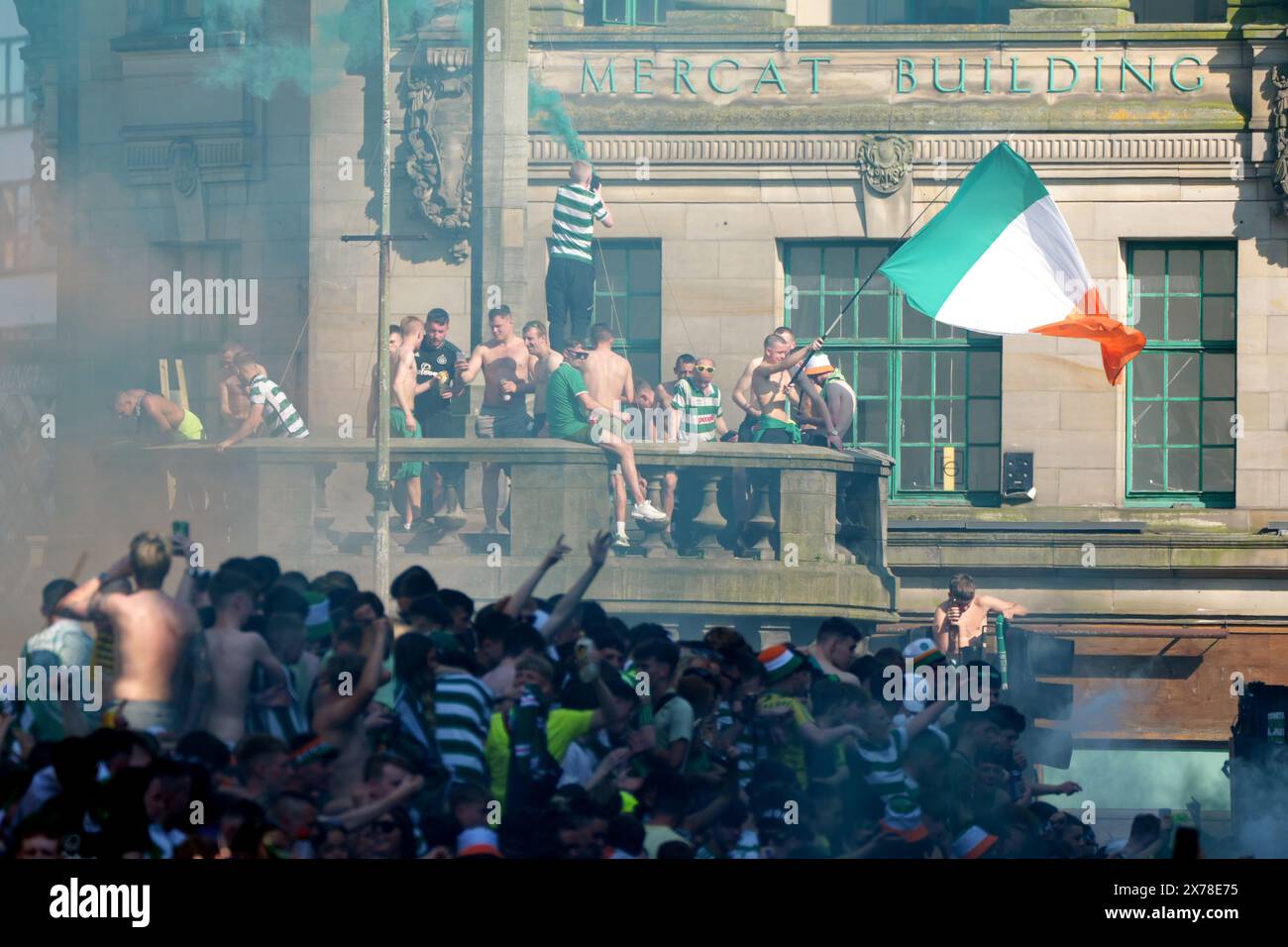 Celtic fans celebrate out the Mercat Building after winning the cinch ...