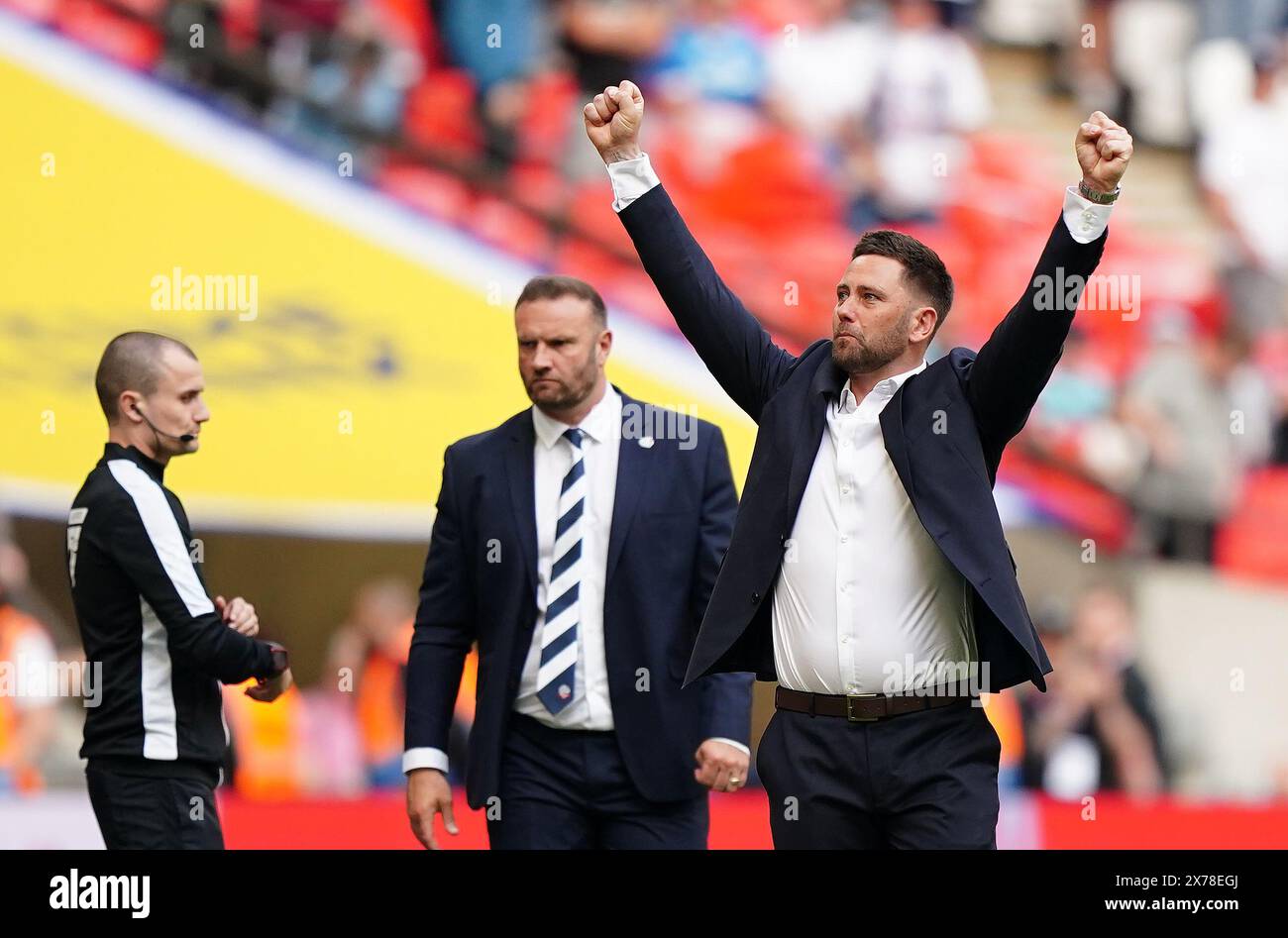 Oxford United manager Des Buckingham celebrates their side’s promotion ...