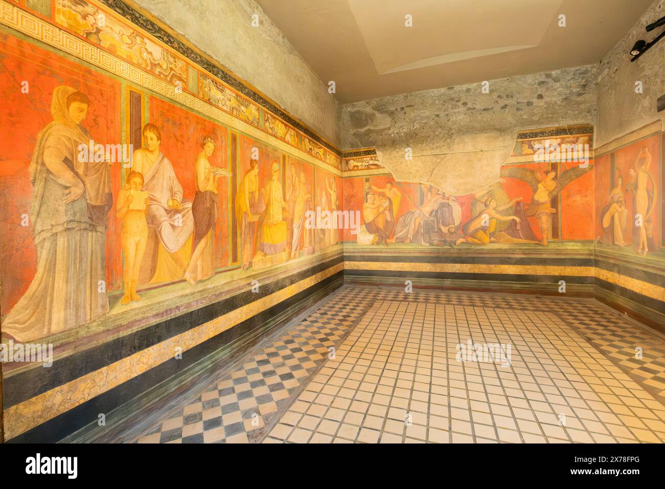 Ruins of Pompeii, Italy. Decoration detail. Fresco painting on the wall ...