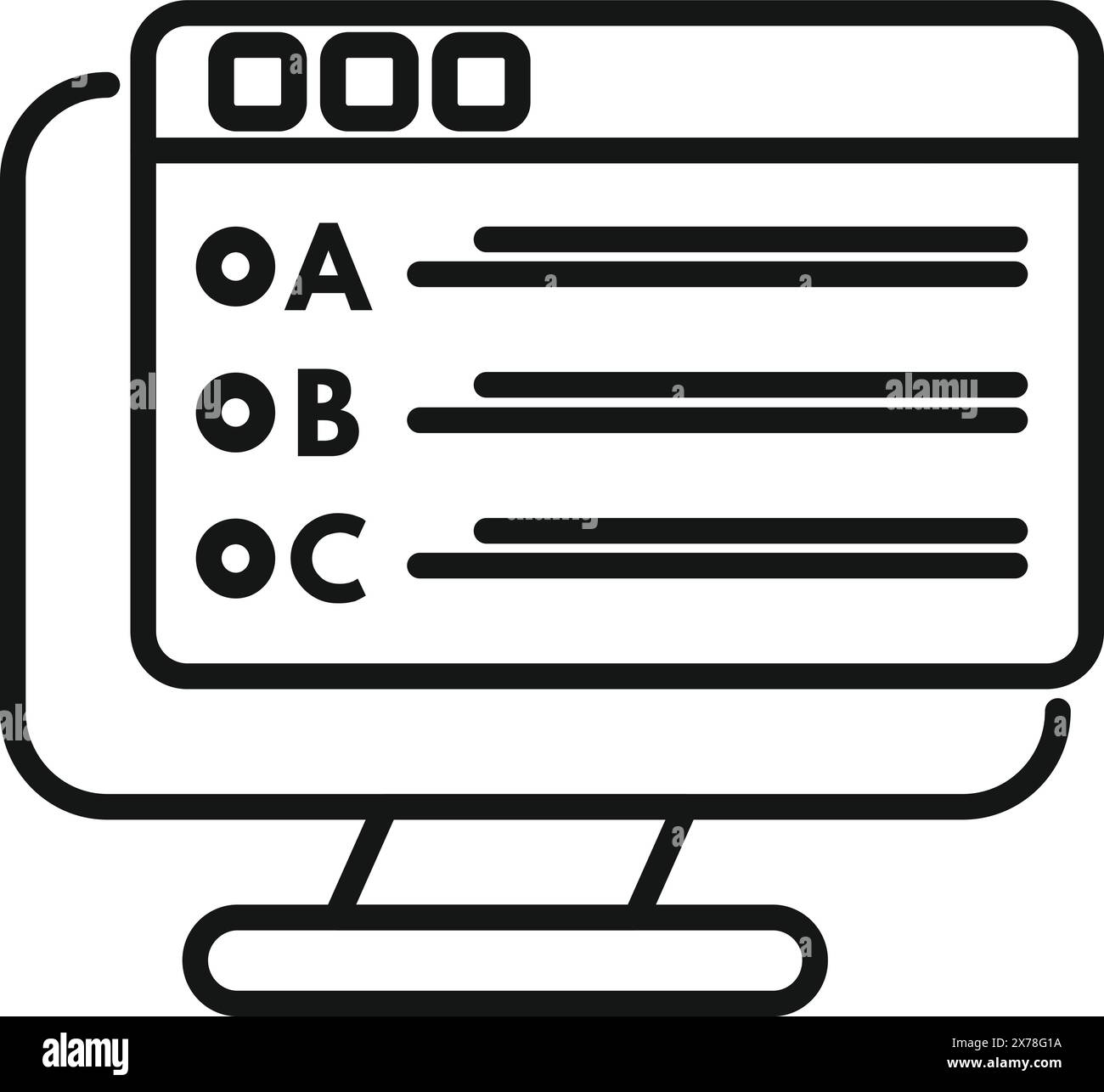 Black and white icon of a computer monitor displaying an online test ...