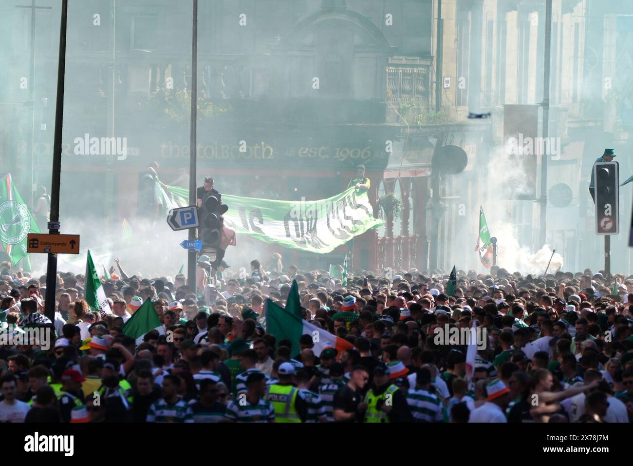 Celtic fans celebrate after winning the cinch Premiership in the city ...