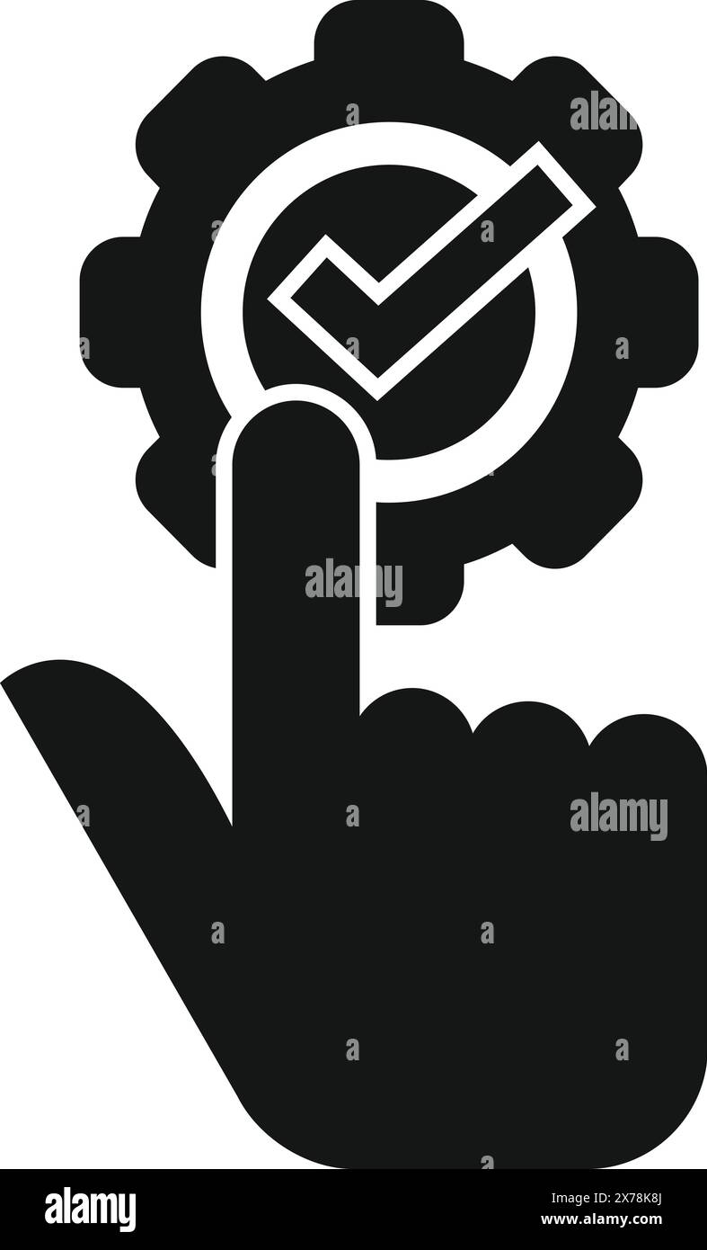 Vector icon of a hand pressing a checkmark inside a gear, symbolizing ...