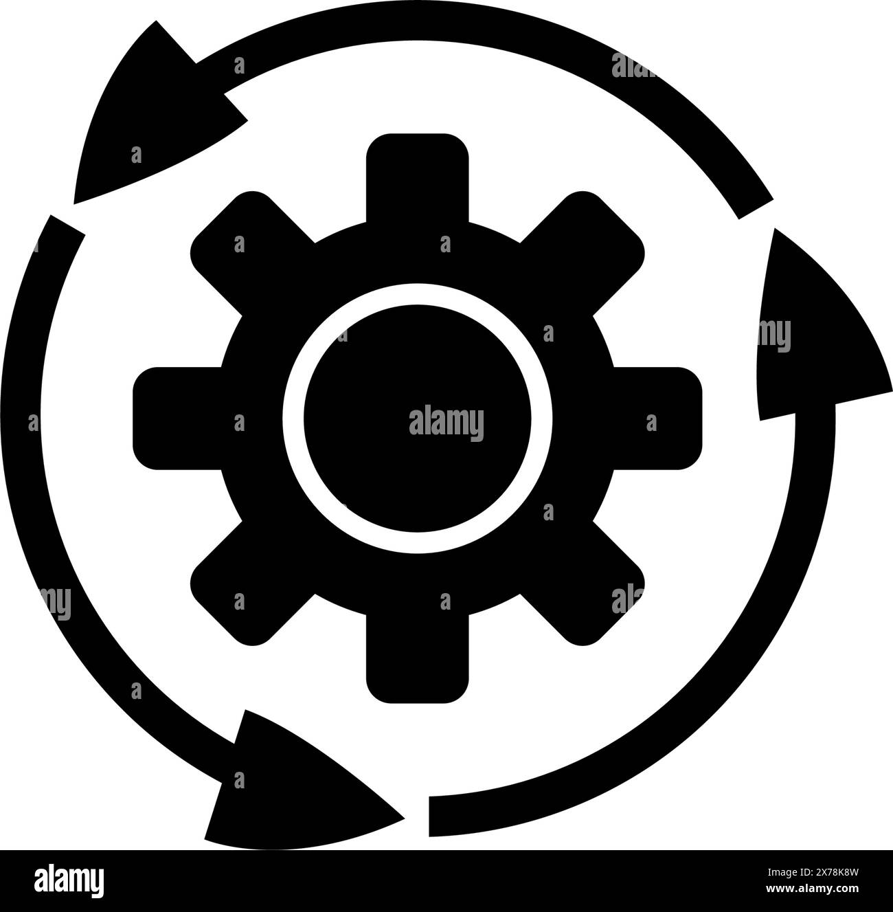 A black and white icon depicting a gear surrounded by circular arrows, representing automated ...