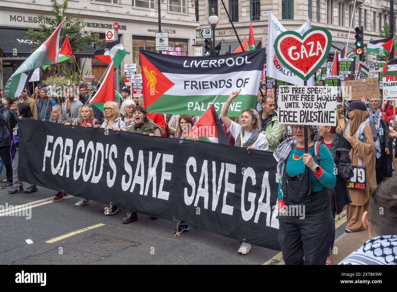 London, UK. 18 May 2024. Liverpool banner 'For God's Sake Save Gaza ...