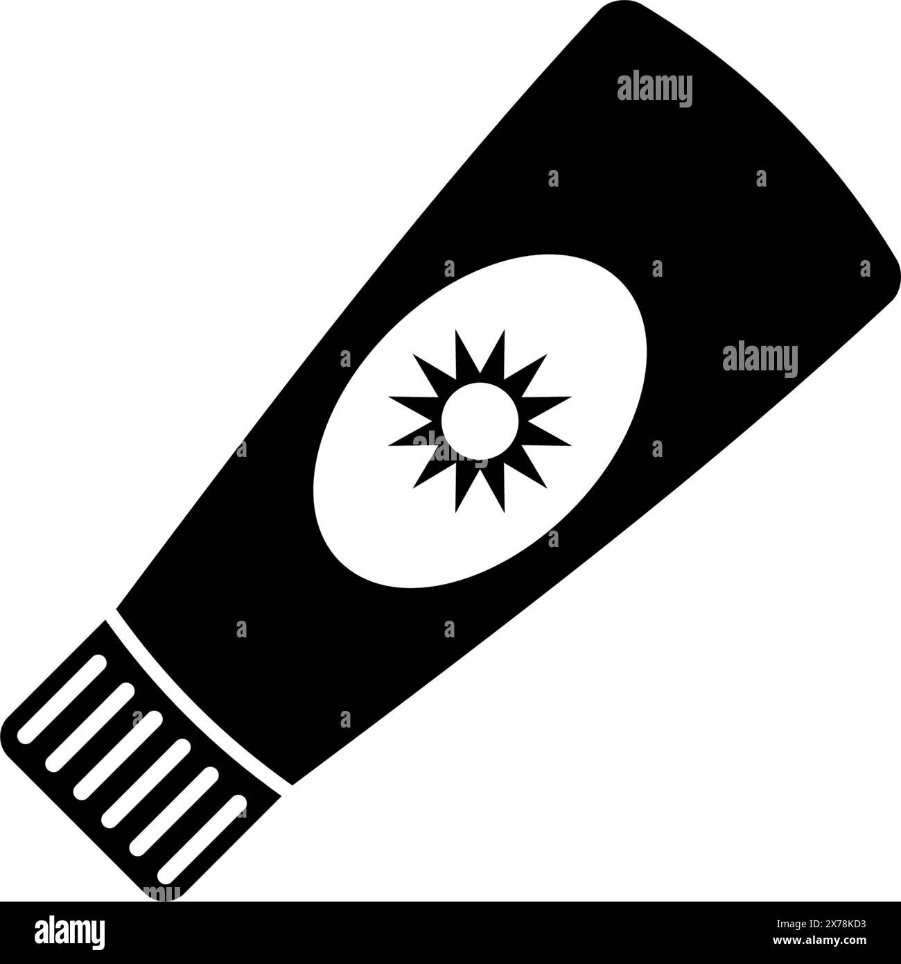 A minimalist black and white icon of a sunscreen tube with a sun symbol ...