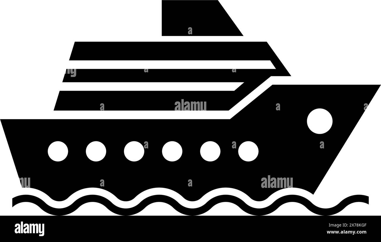 A simple, geometric black and white icon representing a cruise ship ...