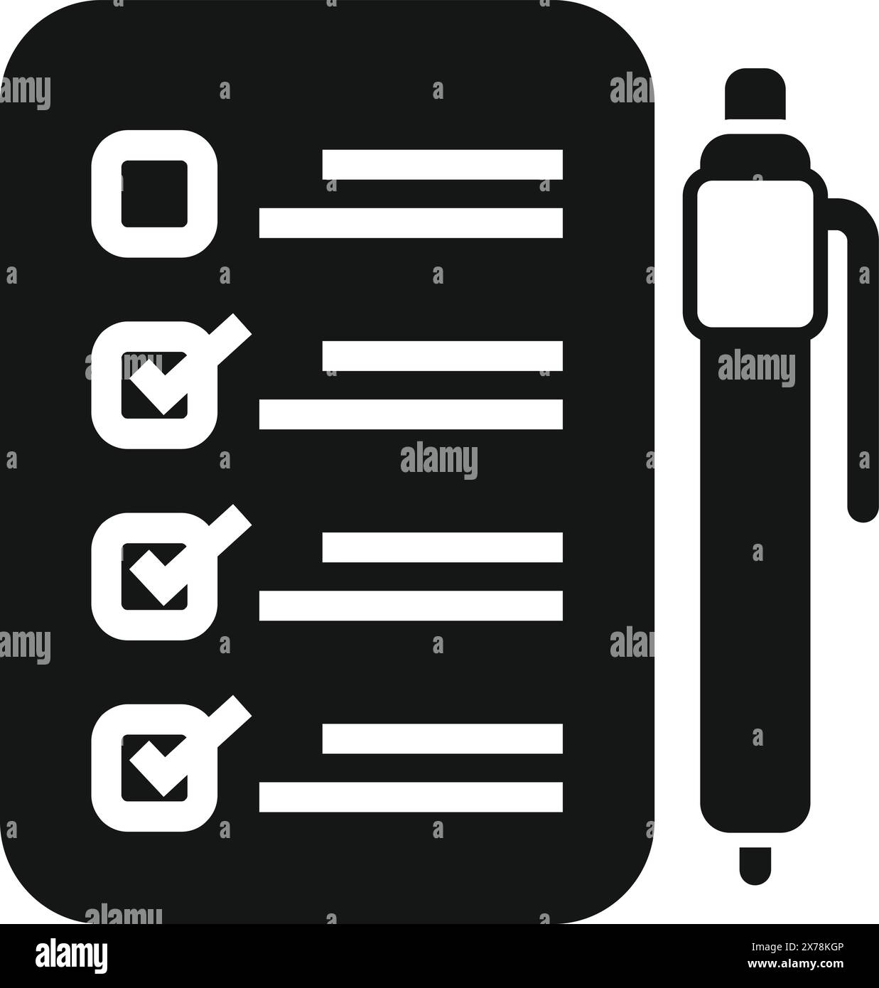 Black and white vector icon depicting a checklist with check marks and a pen Stock Vector Image ...
