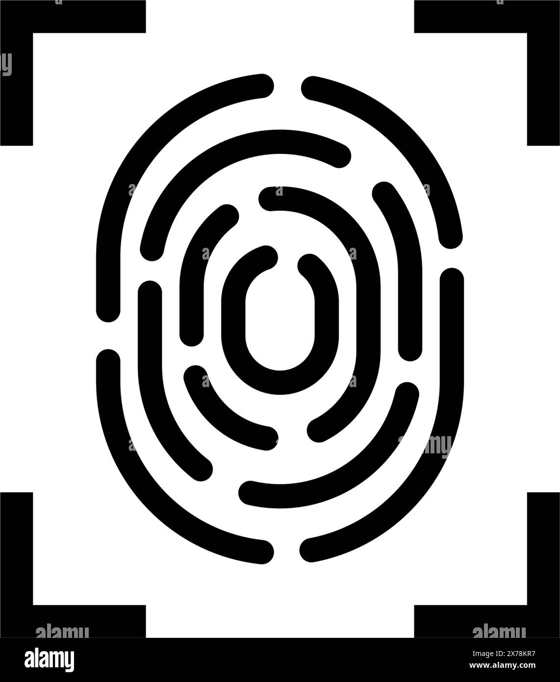 A minimalist black and white icon depicting a fingerprint silhouette within a scanning frame ...