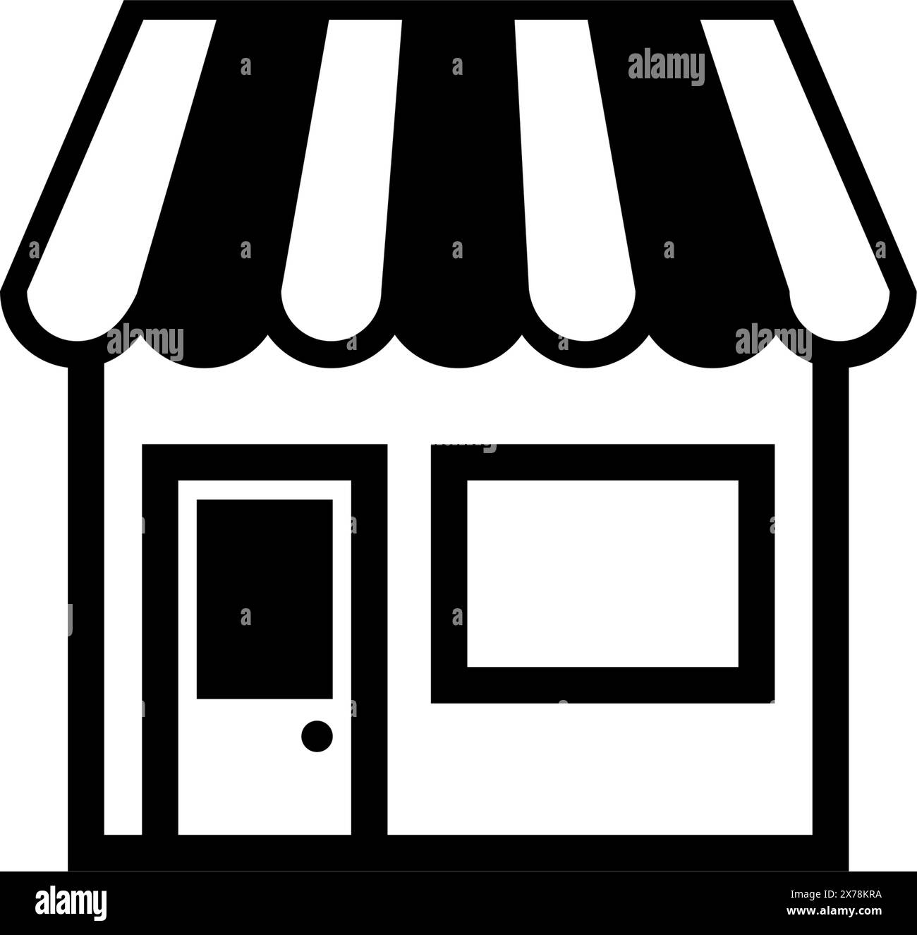 A simple black and white icon depicting a stylized storefront with an ...