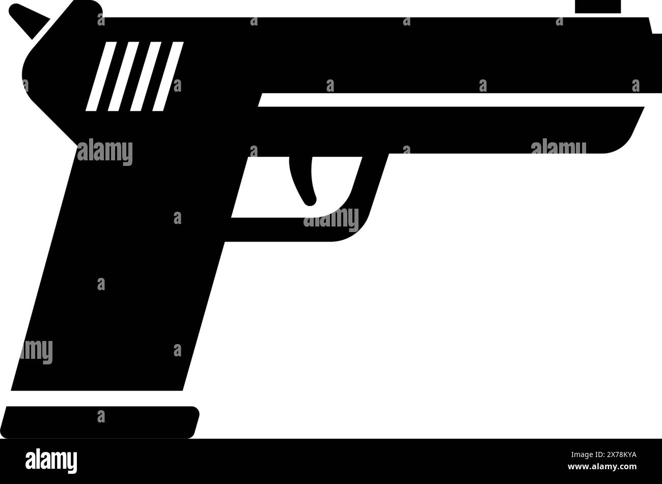 A minimalist black and white icon depicting the silhouette of a handgun or pistol, representing ...