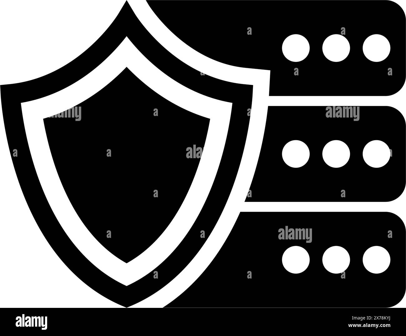 A minimalist, black and white icon depicting a shield shape with a server or database symbol ...