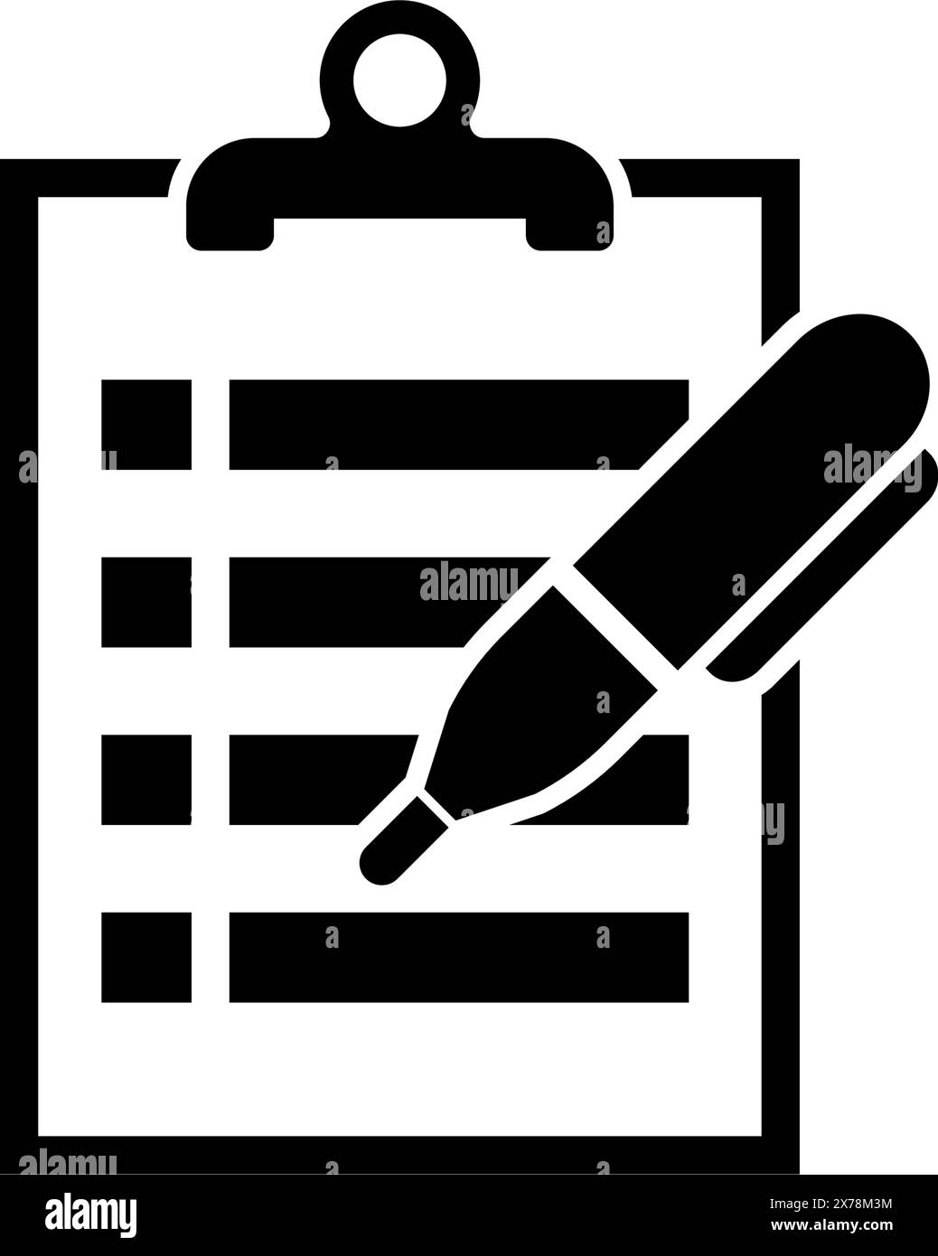 A simple black and white icon depicting a clipboard with a pen ...