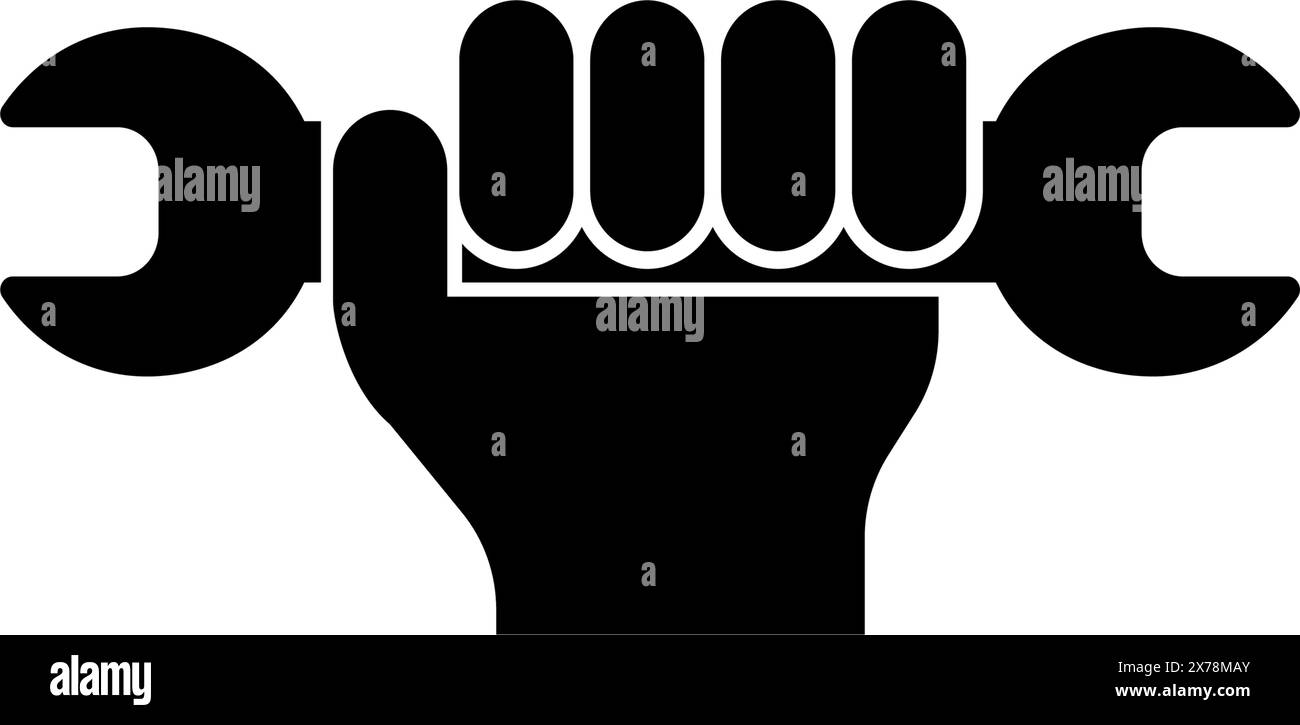 A black and white icon depicting a clenched fist holding a wrench ...