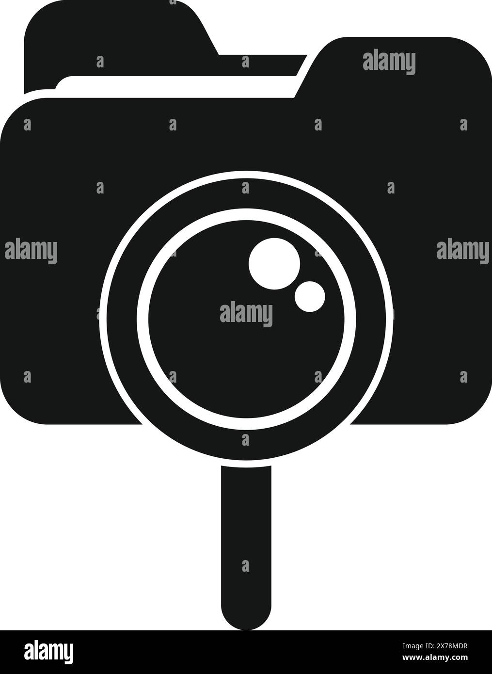 Simplistic black and white vector illustration of a folder icon combined with a camera lens ...