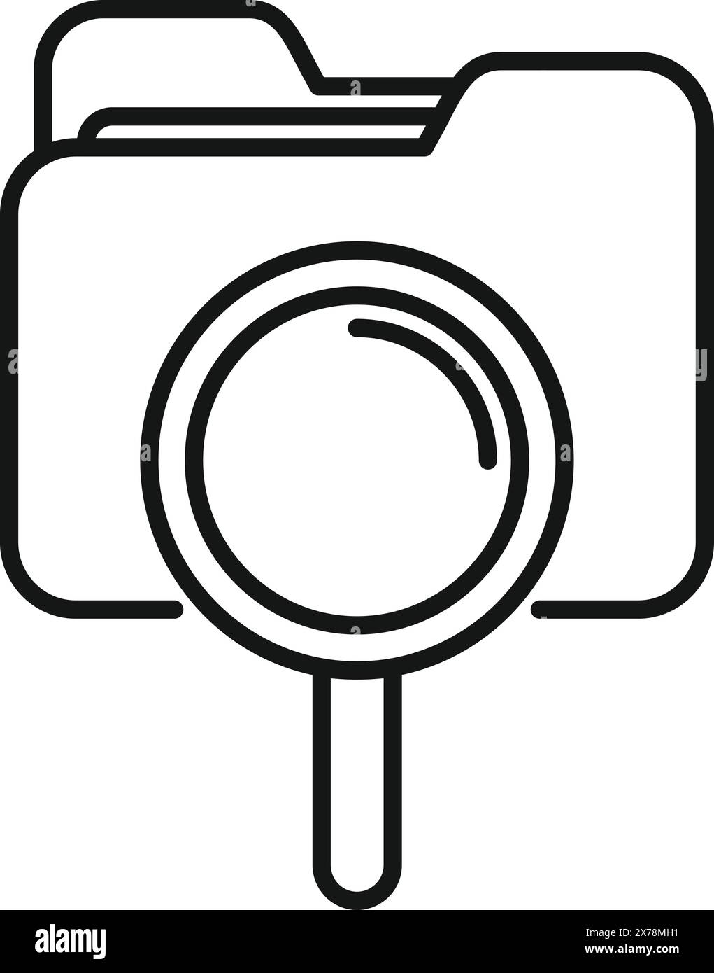 Black and white line art of a magnifying glass over a folder ...