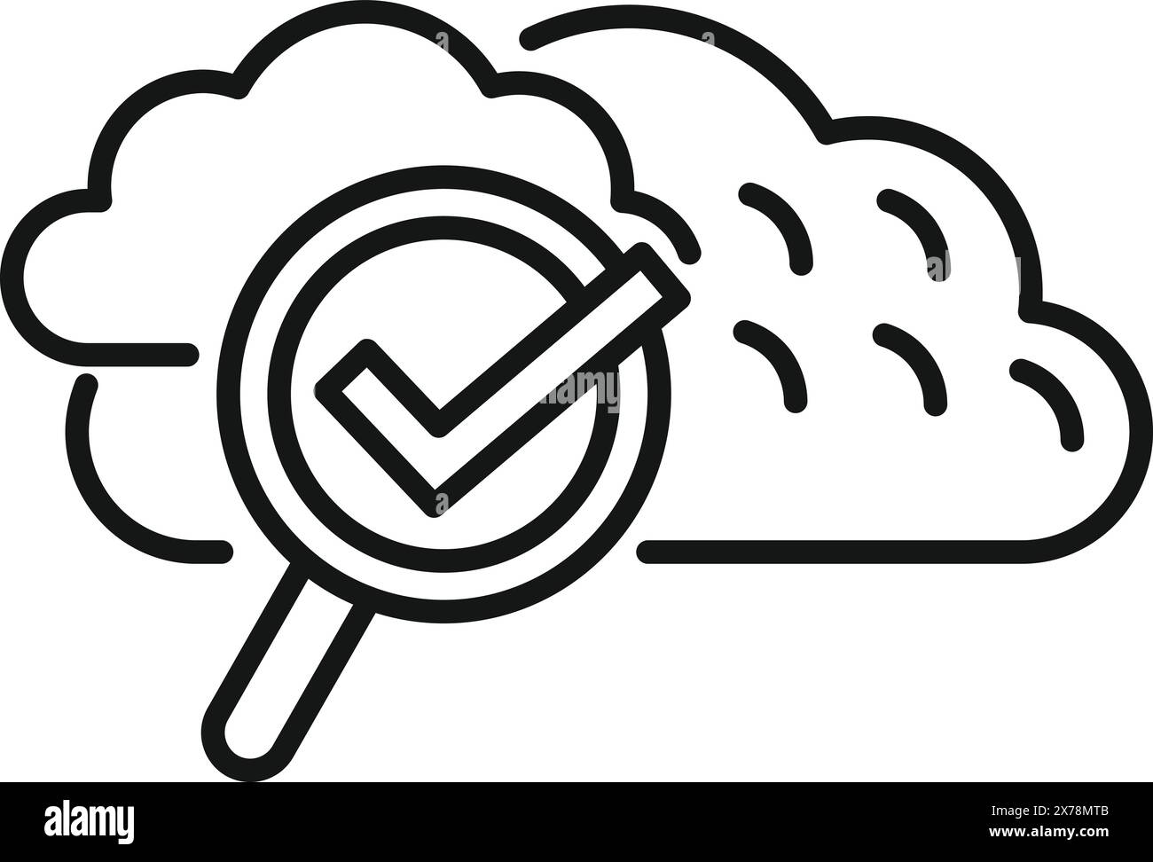Line art icon representing cloud computing security and data verification with a magnifying ...