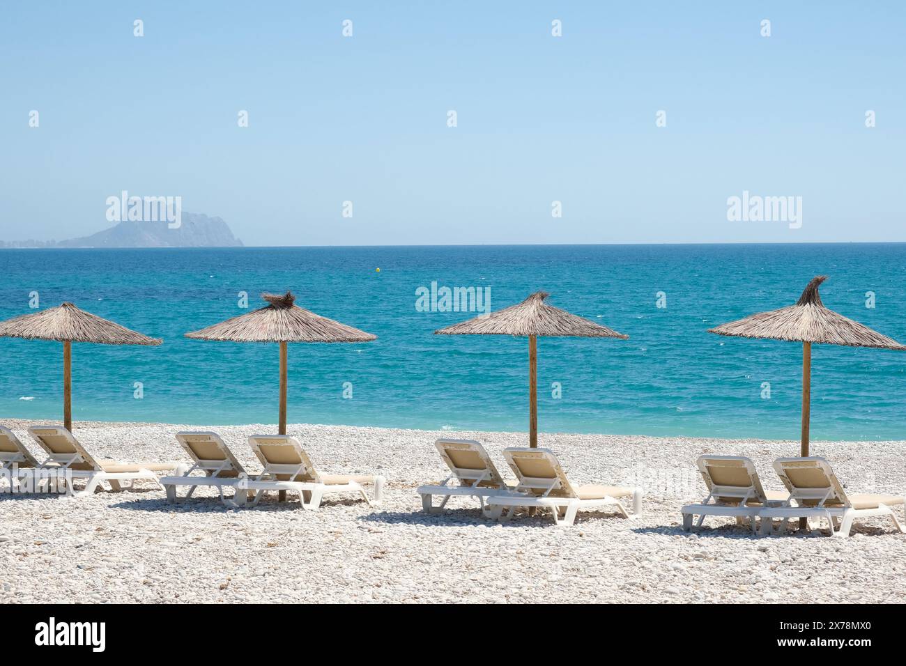 View to turquoise blue Mediterranean Sea and Albir seaside beach in ...