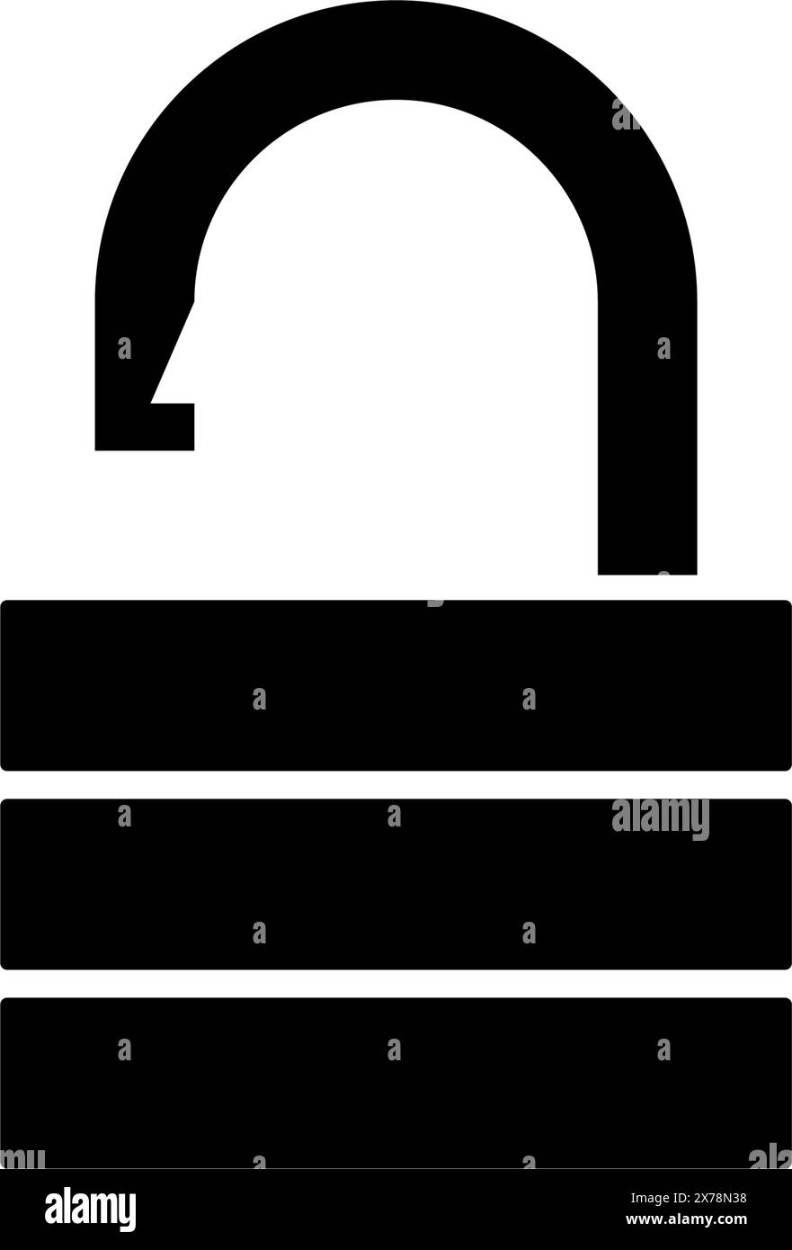 A simple black silhouette of an unlocked padlock, representing the concepts of access, freedom ...