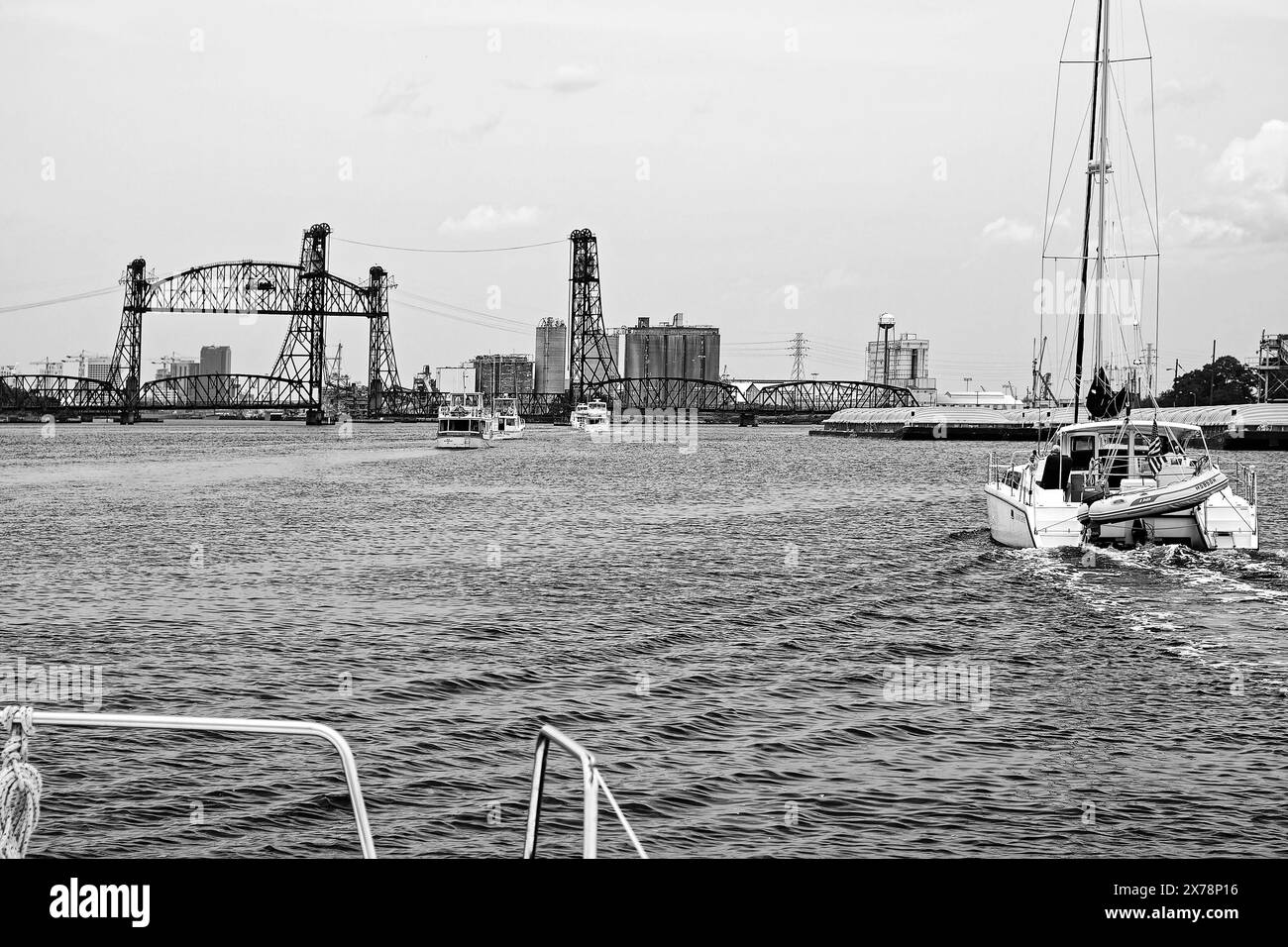 boats heading to open bridge, industry, recreation, black & white, ICW ...